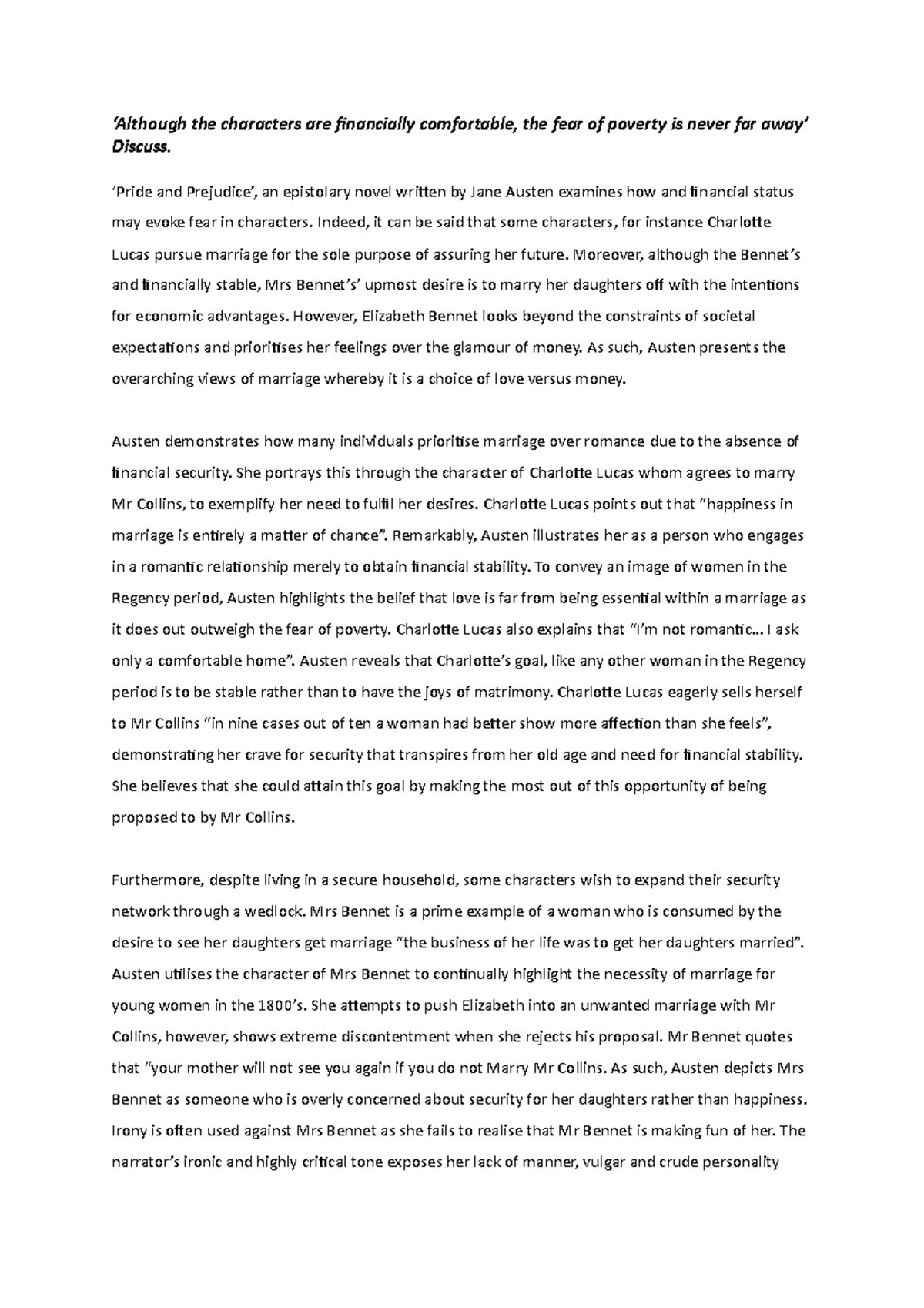 Fear of Poverty in Jane Austen's Novel - Studocu