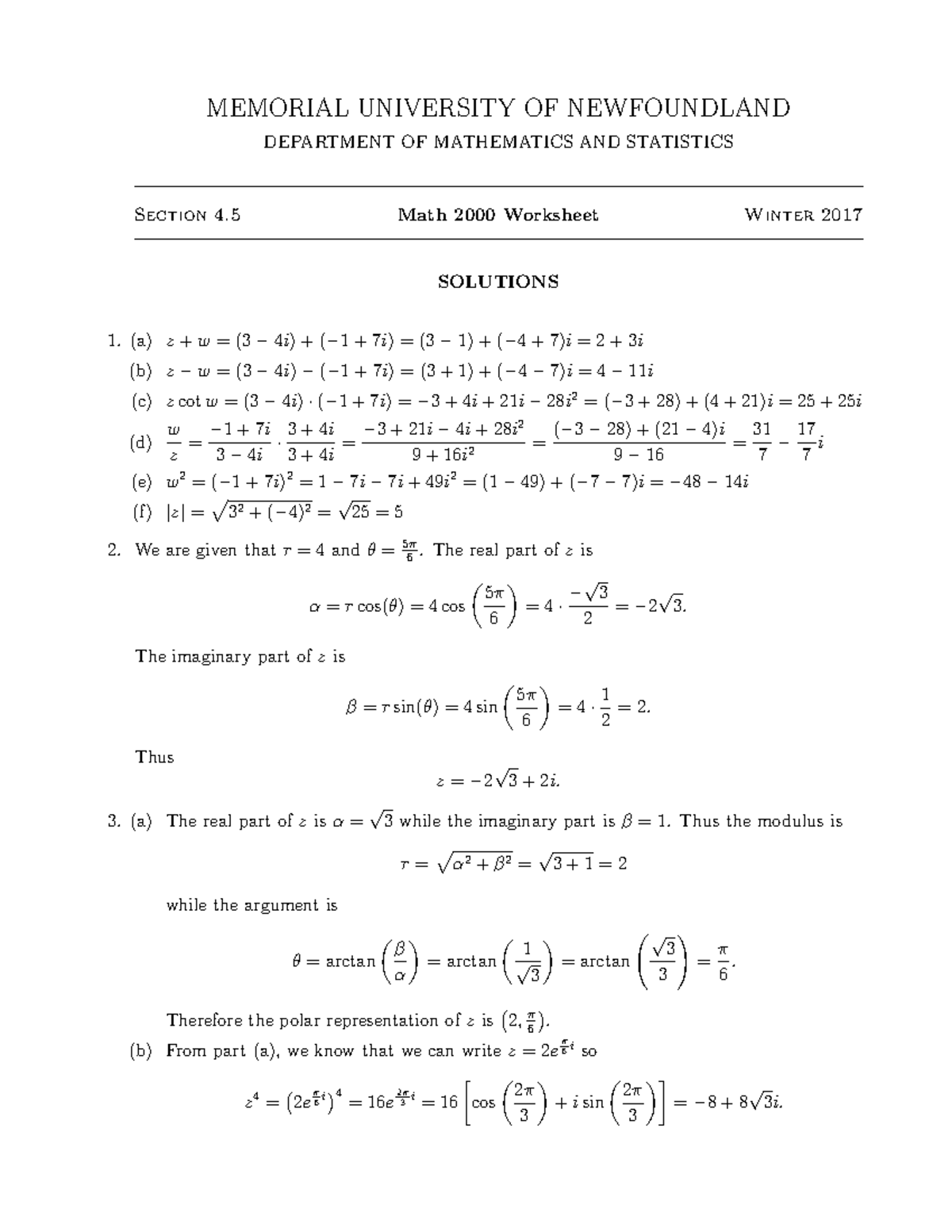 Solutions worksheet 4-5 - MEMORIAL UNIVERSITY OF NEWFOUNDLAND ...