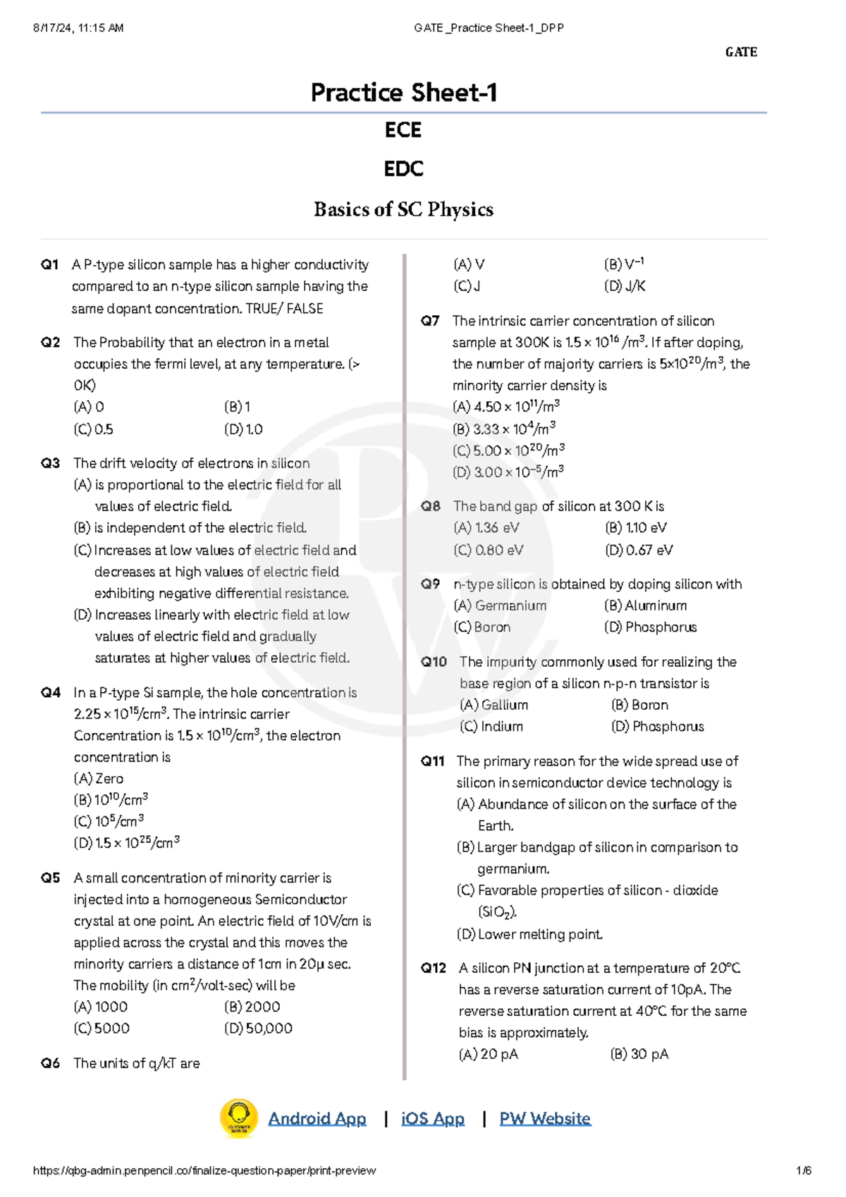 Basics of SC Physics Practice Sheet 01 - GATE Practice Sheet- Q1 A P ...