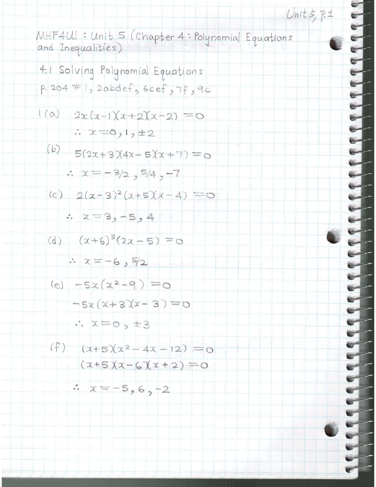 00 - MHF4U1 Unit 5 Solutions - Units, P MHF4UI : Unit 5 (chapter 4 ...