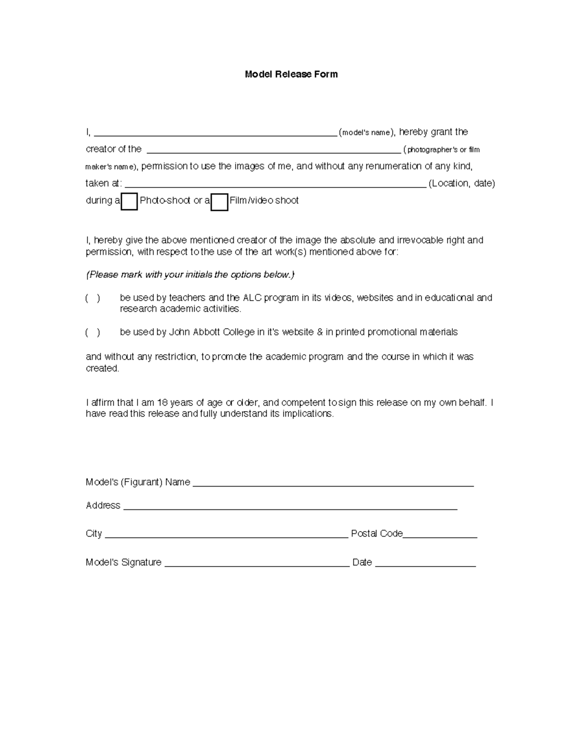 Model Release Fillable Form - Model Release Form I