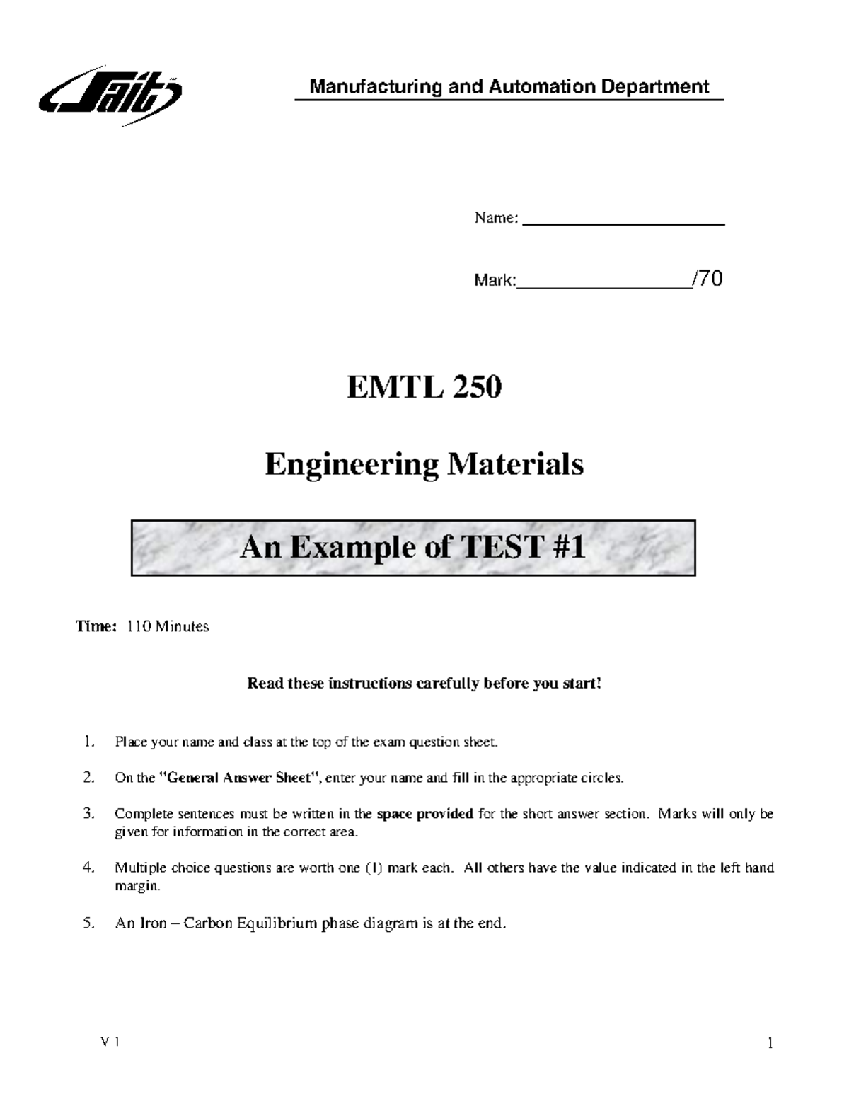 An Example of Test 1 for Students EMTL 250 2013-14 V1 - Name: Mark ...