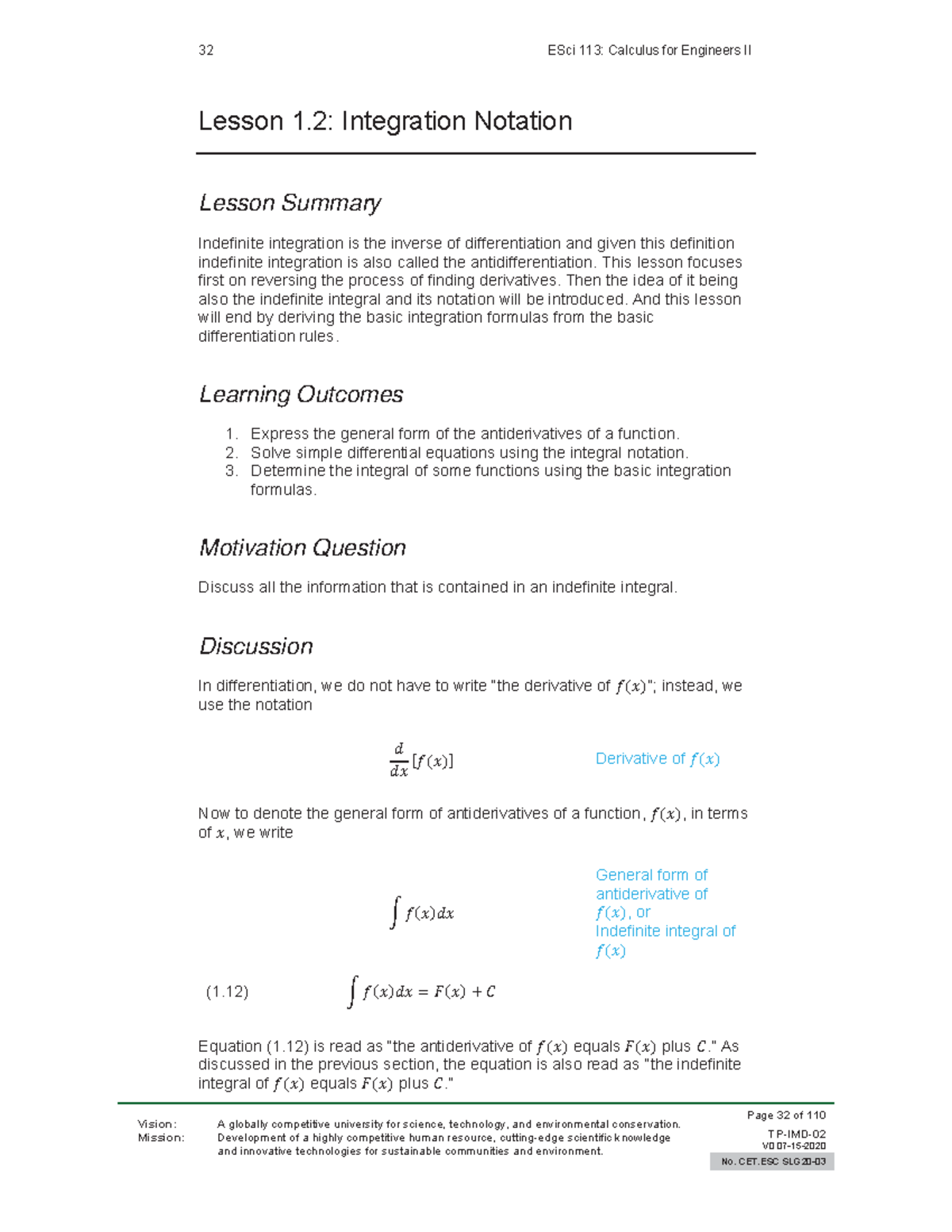 Lesson 1.2 - Integration Notation from calculus - 32 ESci 113: Calculus ...