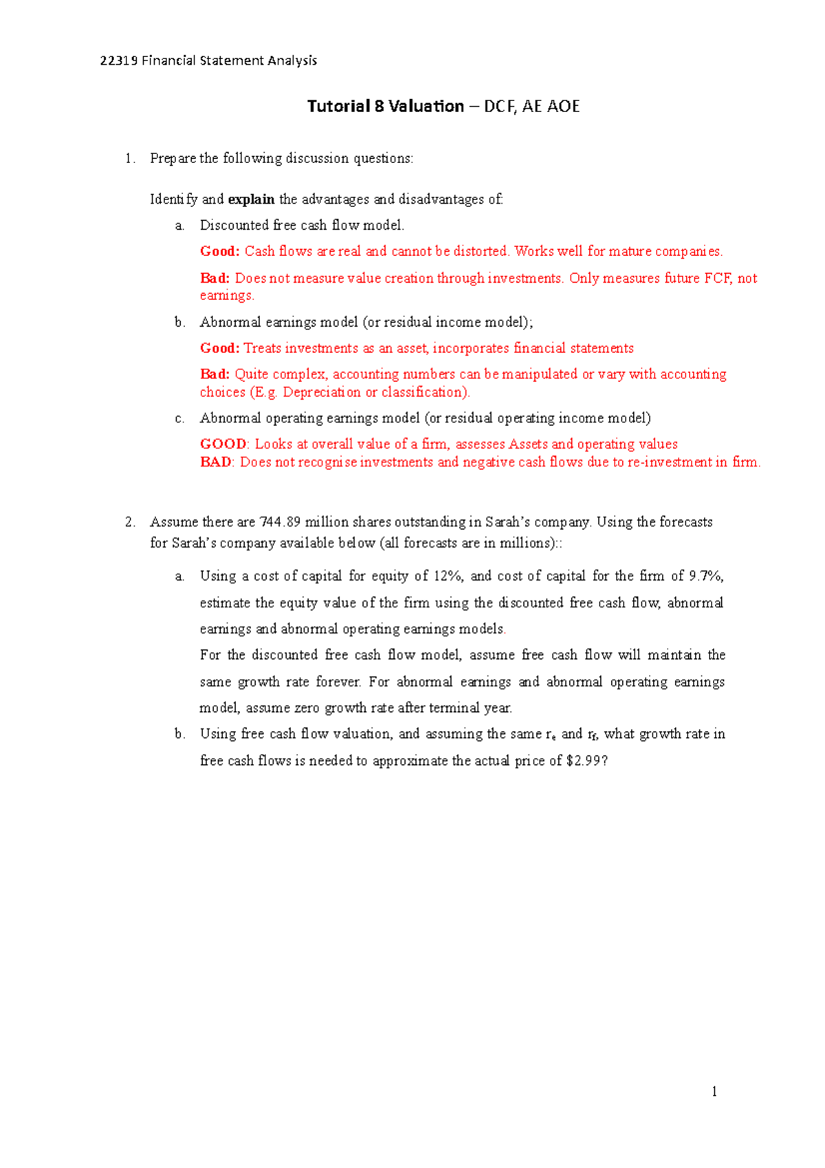 Tutorial 8 - Questions - FSA Docs - Tutorial 8 Valuaion – DCF, AE AOE 1 ...