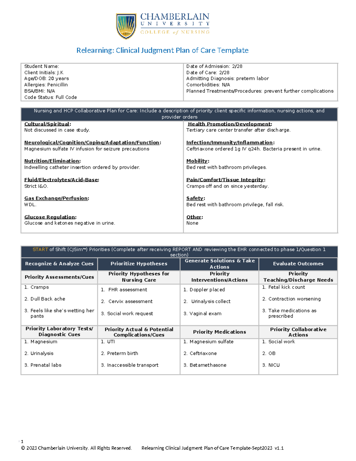 J.K. Plan of Care - care plan - Student Name: Client Initials: J Age ...