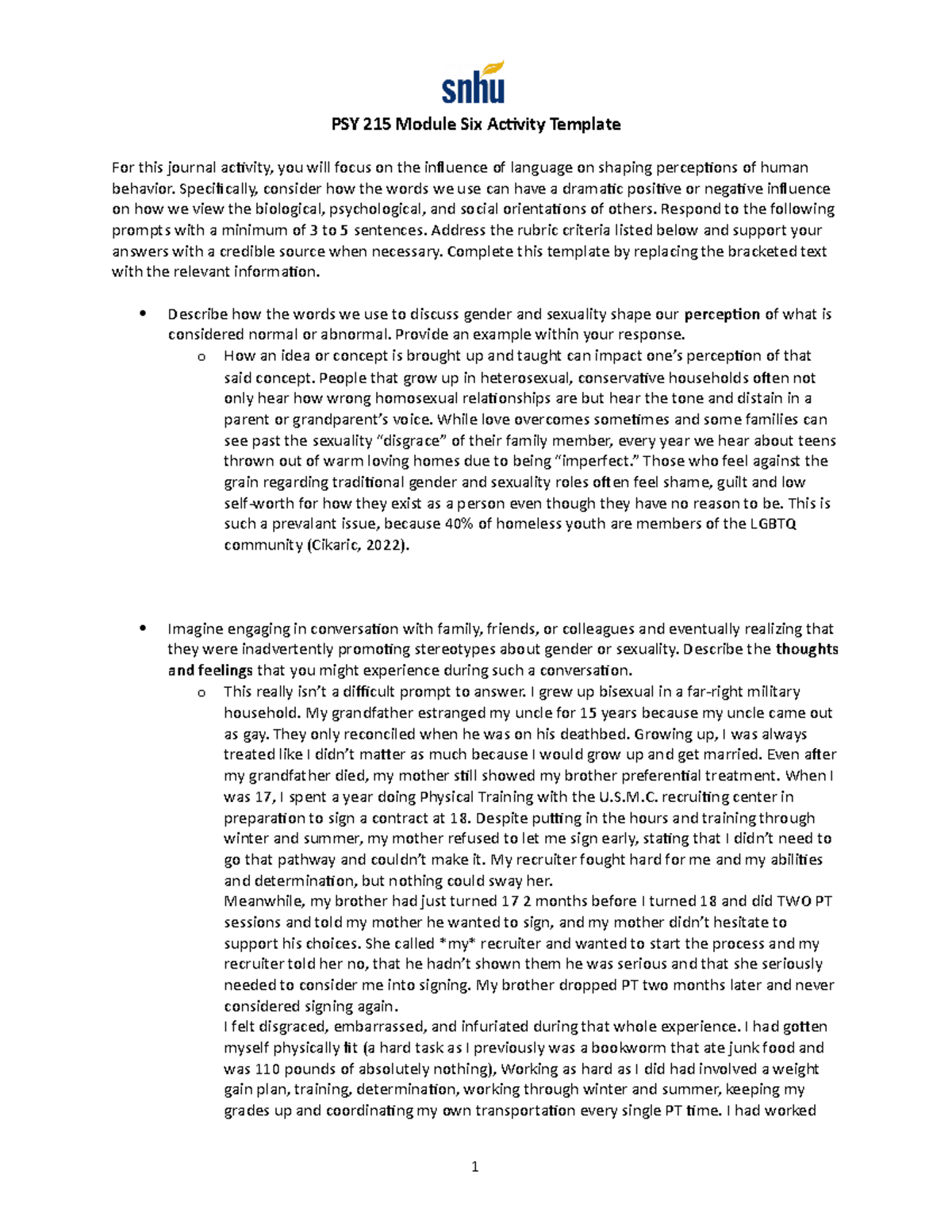PSY 215 Module Six Activity Template - Specifically, consider how the ...