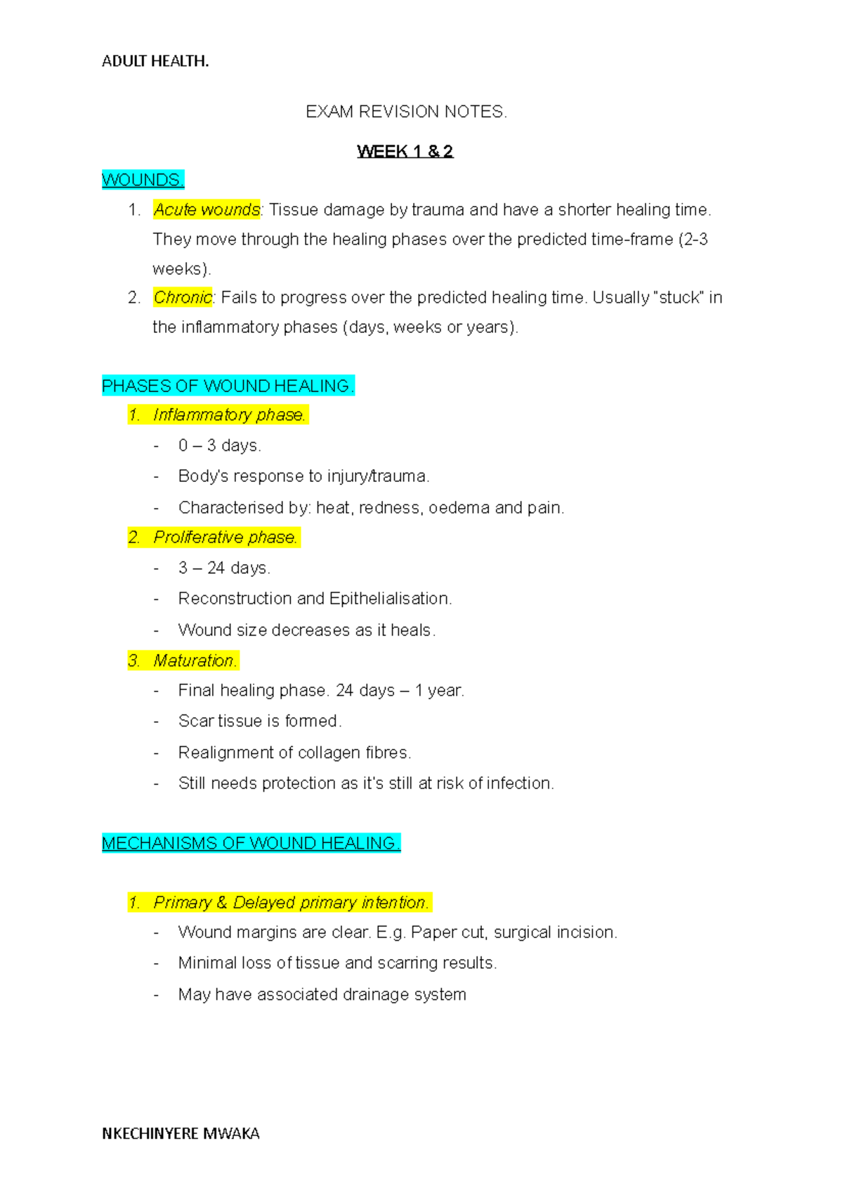 EXAM Revision Notes Adult Health. - ADULT HEALTH. EXAM REVISION NOTES ...