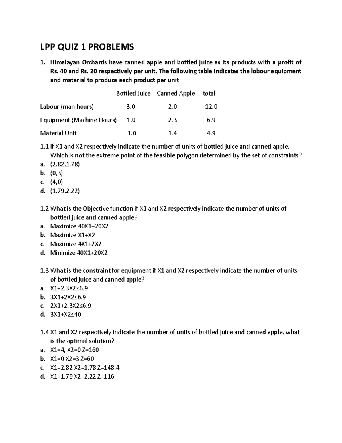 LPP, Decision theory Quiz Problems MFM - Research - MU - Studocu