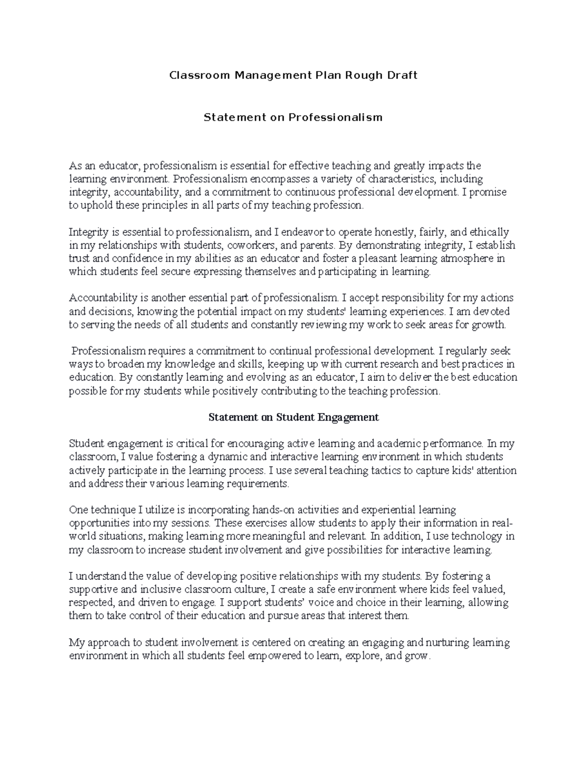 ELM-250 Classroom Management Plan Rough Draft Ramona C - Classroom ...