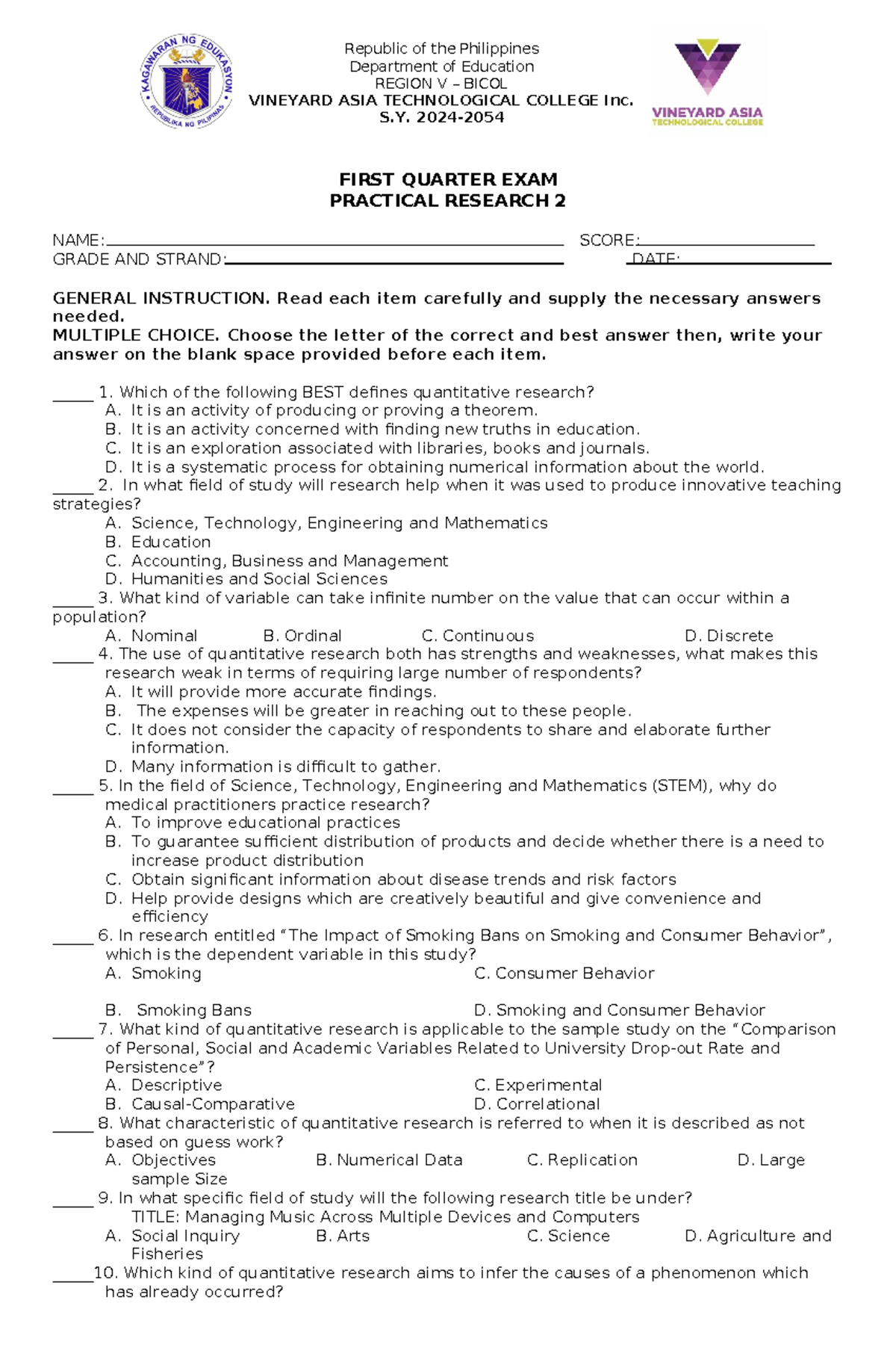 1ST Quarter - PR2 - Humss - FIRST QUARTER EXAM PRACTICAL RESEARCH 2 ...