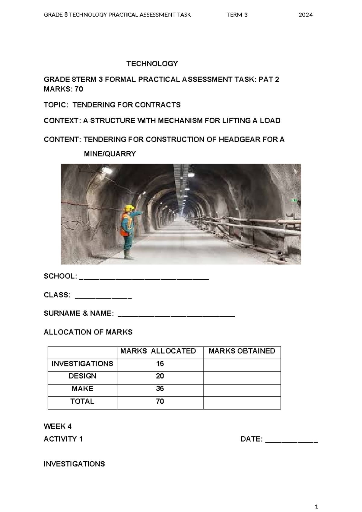 Grade 8 TERM 3 PAT 2 2024 - Mini PAT - GRADE 8 TECHNOLOGY PRACTICAL ...