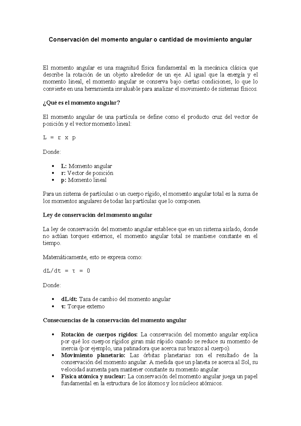 Conservación del momento angular o cantidad de movimiento angular - Conservación del momento ...