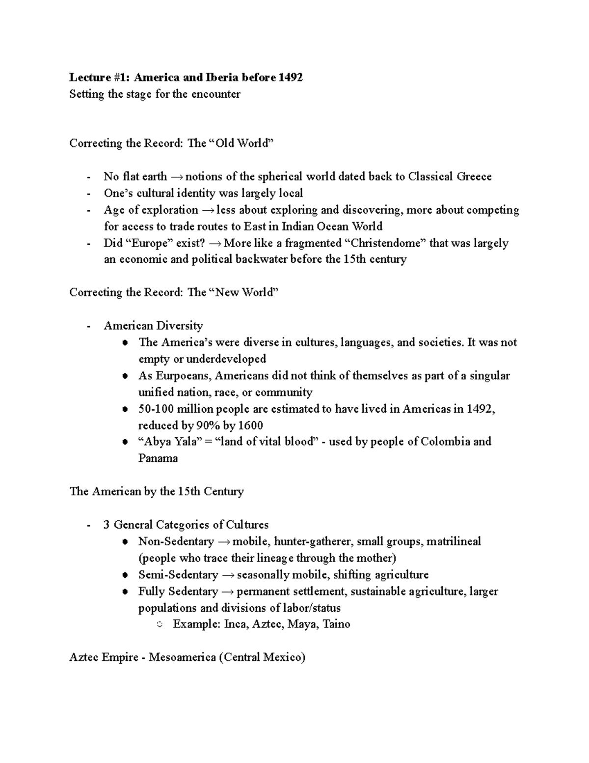 HIST 210 - Lecture 1 - Lecture #1: America and Iberia before 1492 ...