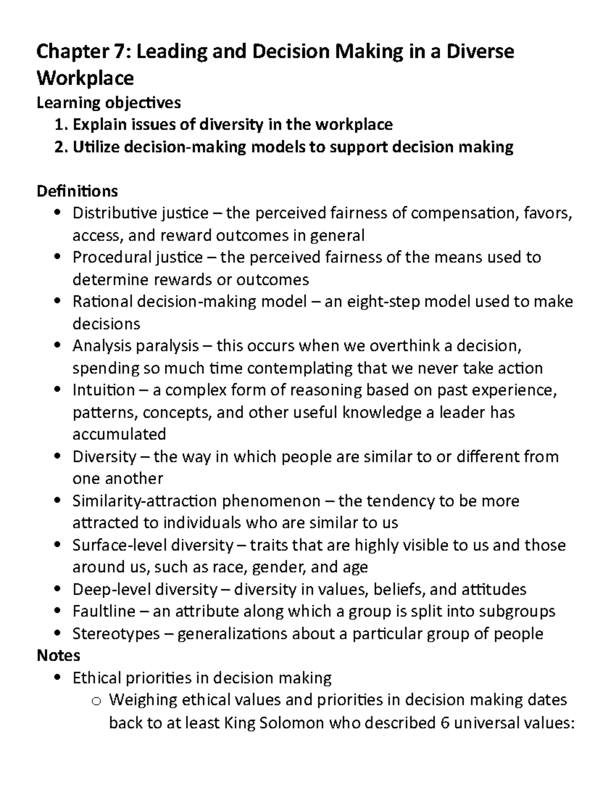 Chapter 7 Notes - Chapter 7: Leading and Decision Making in a Diverse ...