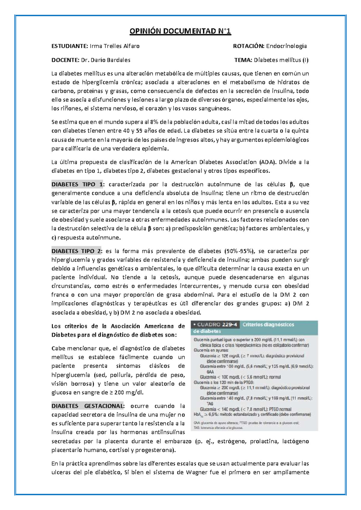 OD1 Diabetes Mellitus - OPINIÓN DOCUMENTAD N° ESTUDIANTE: Irma Trelles ...