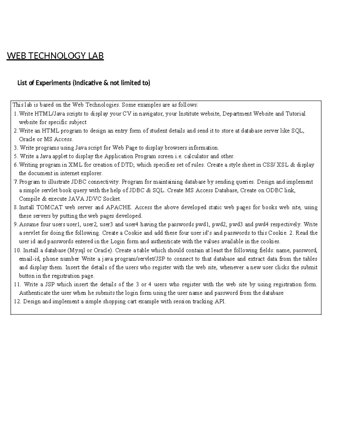 Web tech final lab - web tech lab file - WEB TECHNOLOGY LAB List of Experiments (Indicative ...