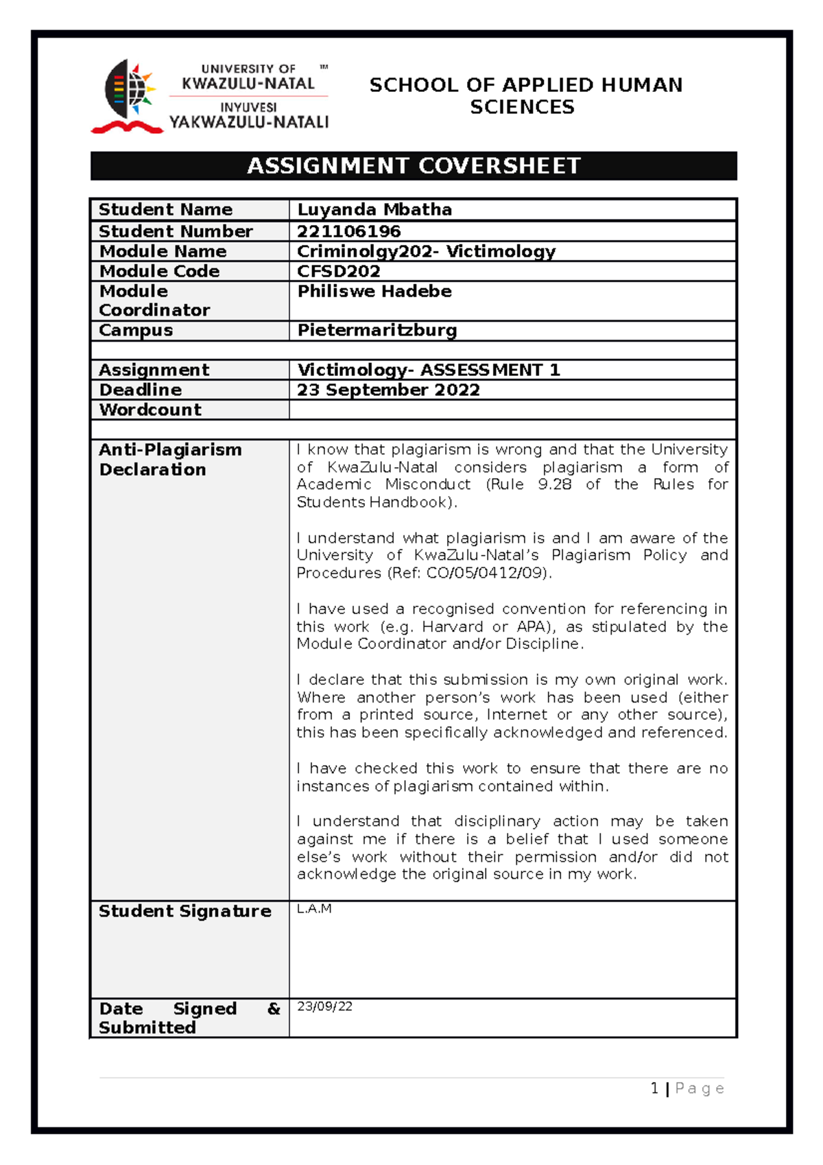 221106196- Luyanda Mbatha - SCHOOL OF APPLIED HUMAN SCIENCES ASSIGNMENT ...