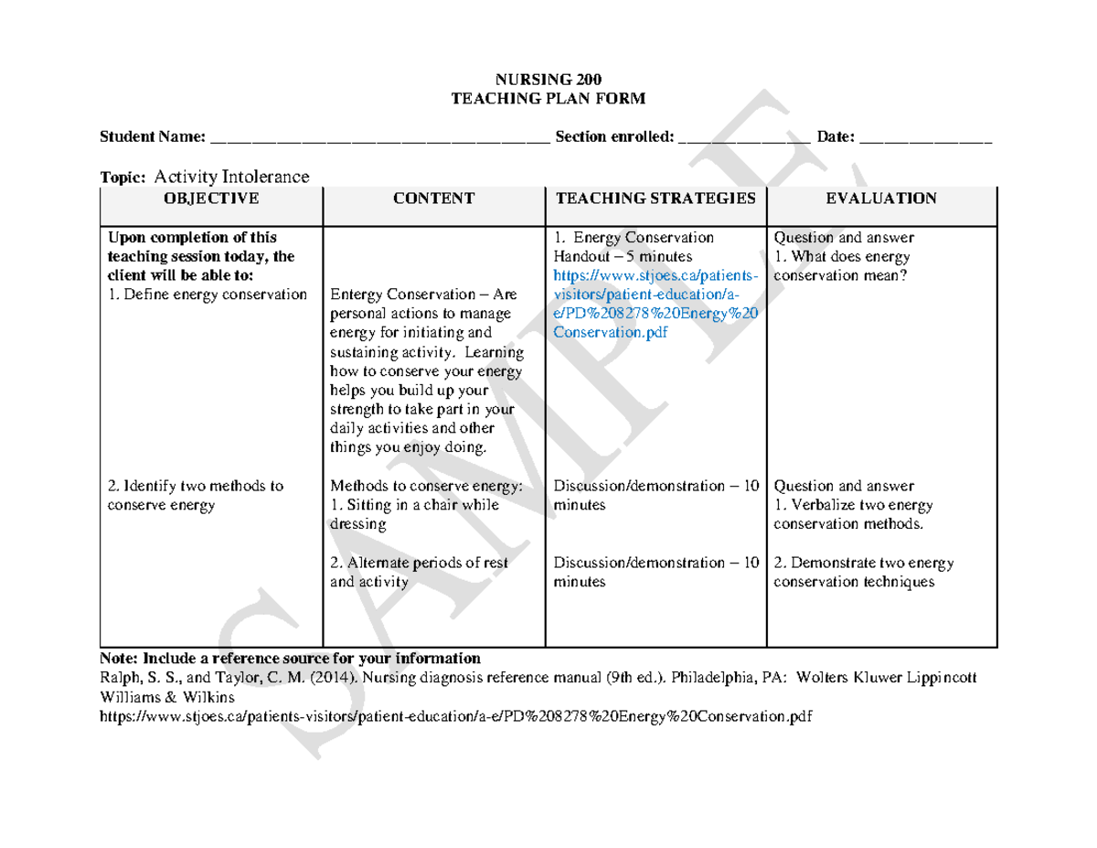 Sample Teaching Plan Form (1) - Copy - NURSING 200 TEACHING PLAN FORM ...