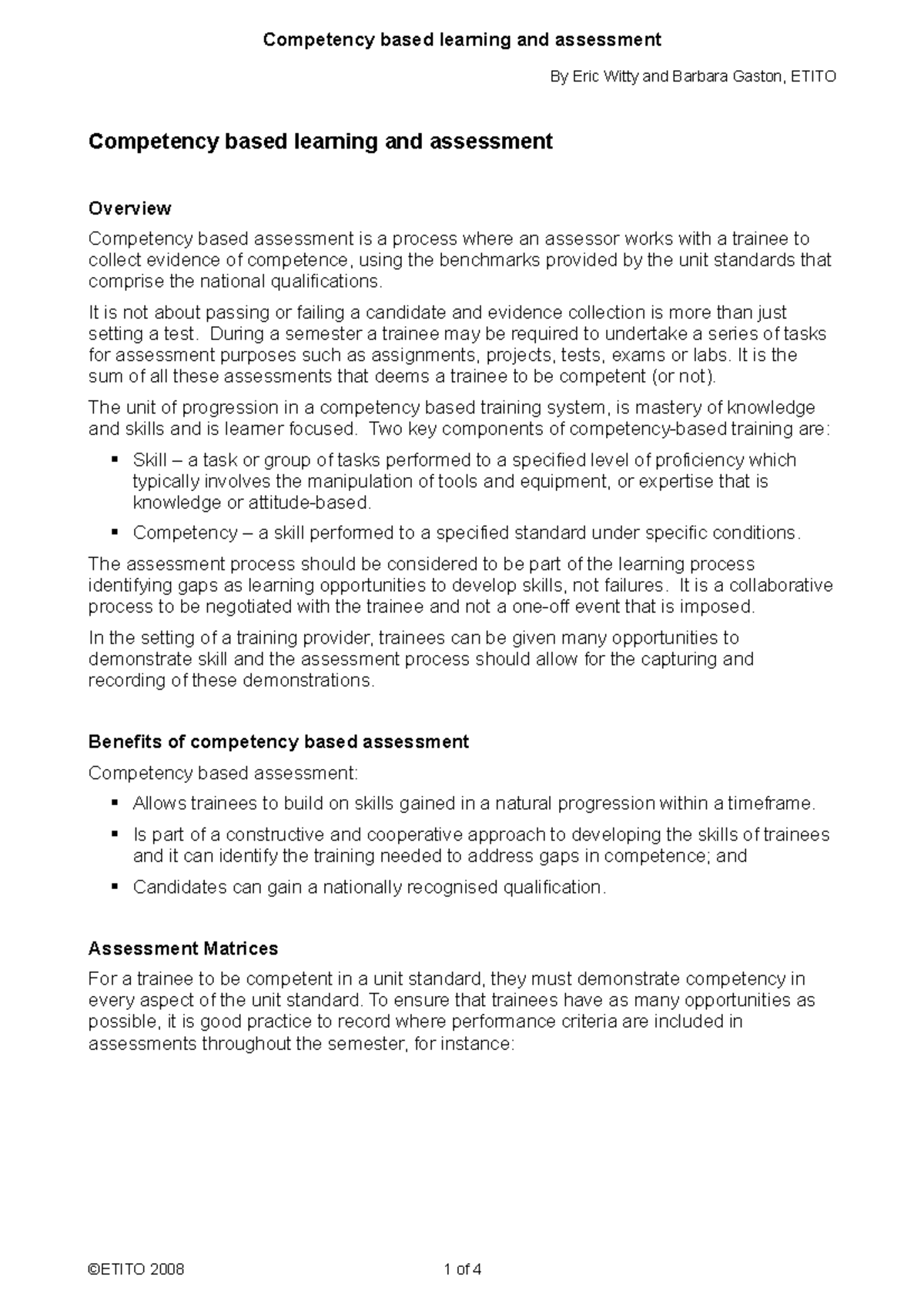 Assessment - Competency based - By Eric Witty and Barbara Gaston, ETITO ...