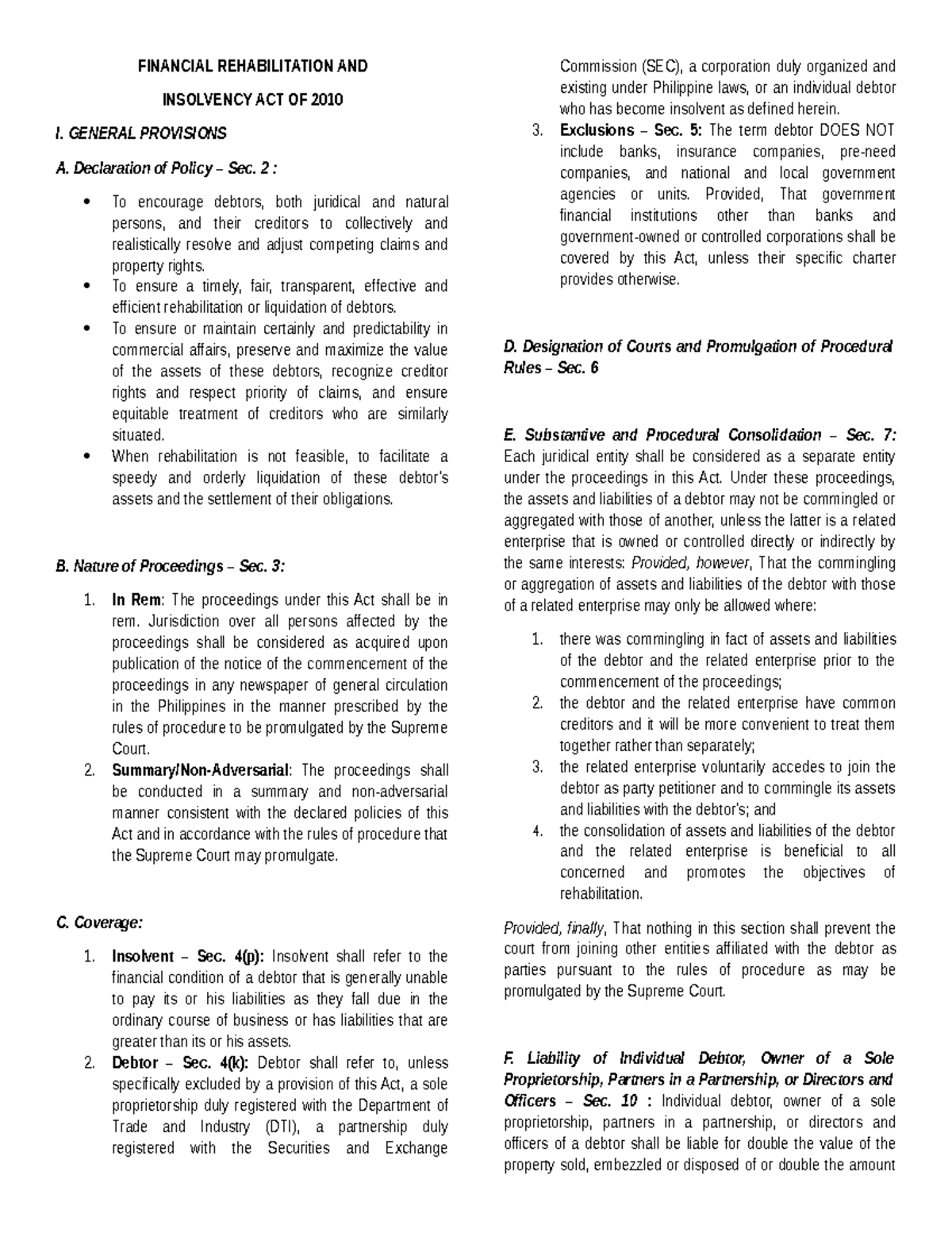 Fria - FRIA lecture notes - FINANCIAL REHABILITATION AND INSOLVENCY ACT ...