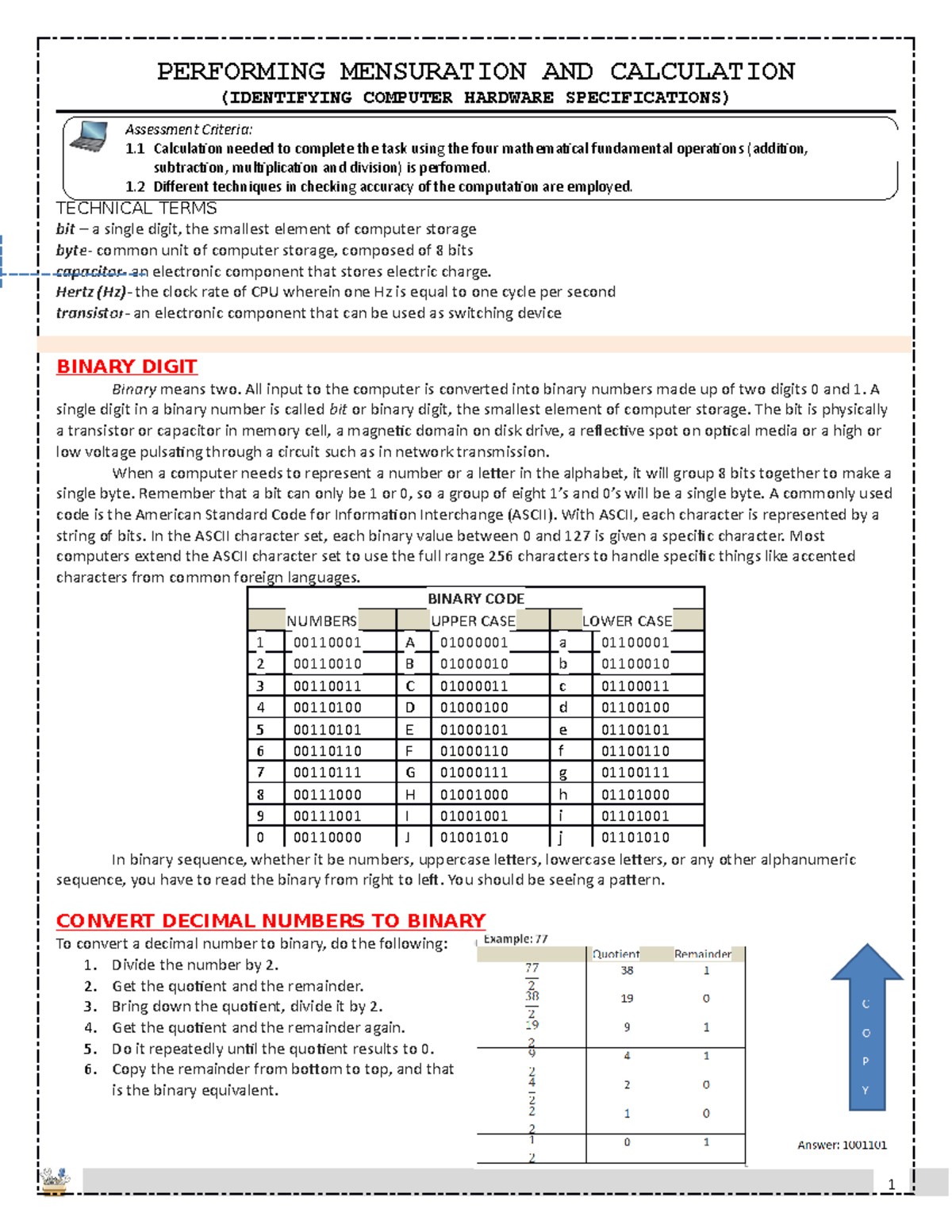 Identifying Computer Hardware Specifications - PERFORMING MENSURATION AND CALCULATION ...