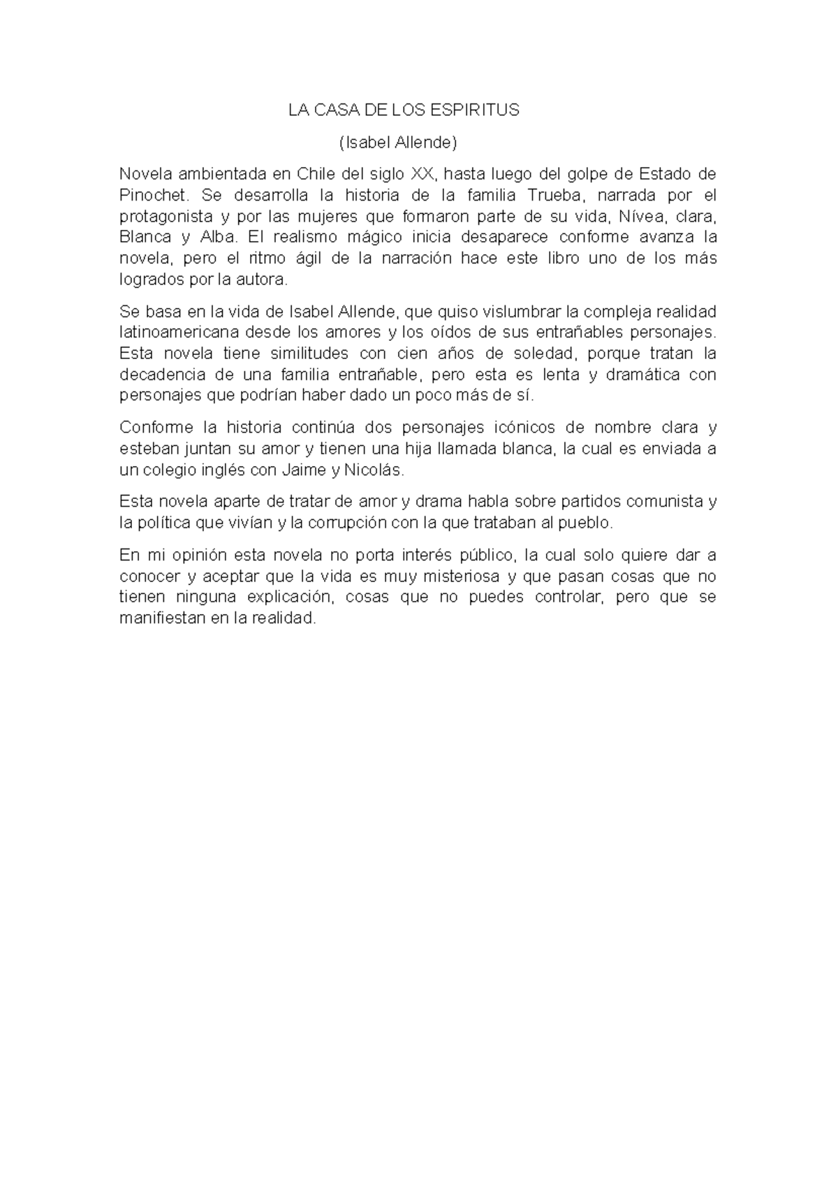 LA CASA DE LOS Espiritus - LA CASA DE LOS ESPIRITUS (Isabel Allende ...