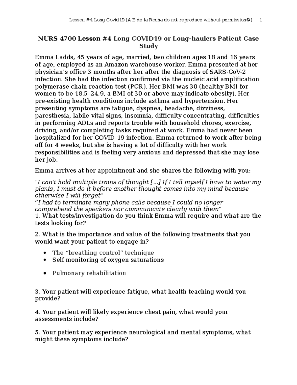 NURS 4700 Lesson #4 Long Covid 19 Case study - Lesson #4 Long Covid19 ...