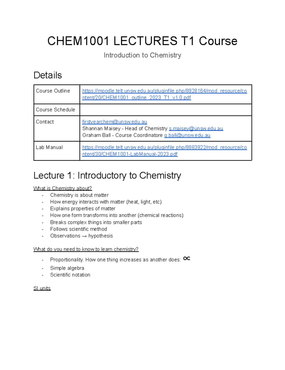 CHEM1001 Lecture Notes - CHEM1001 LECTURES T1 Course Introduction to ...
