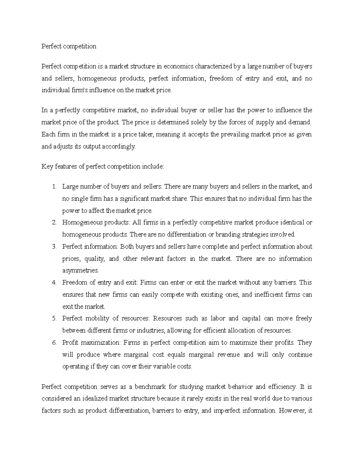 Market structure notes - Perfect competition Perfect competition is a ...