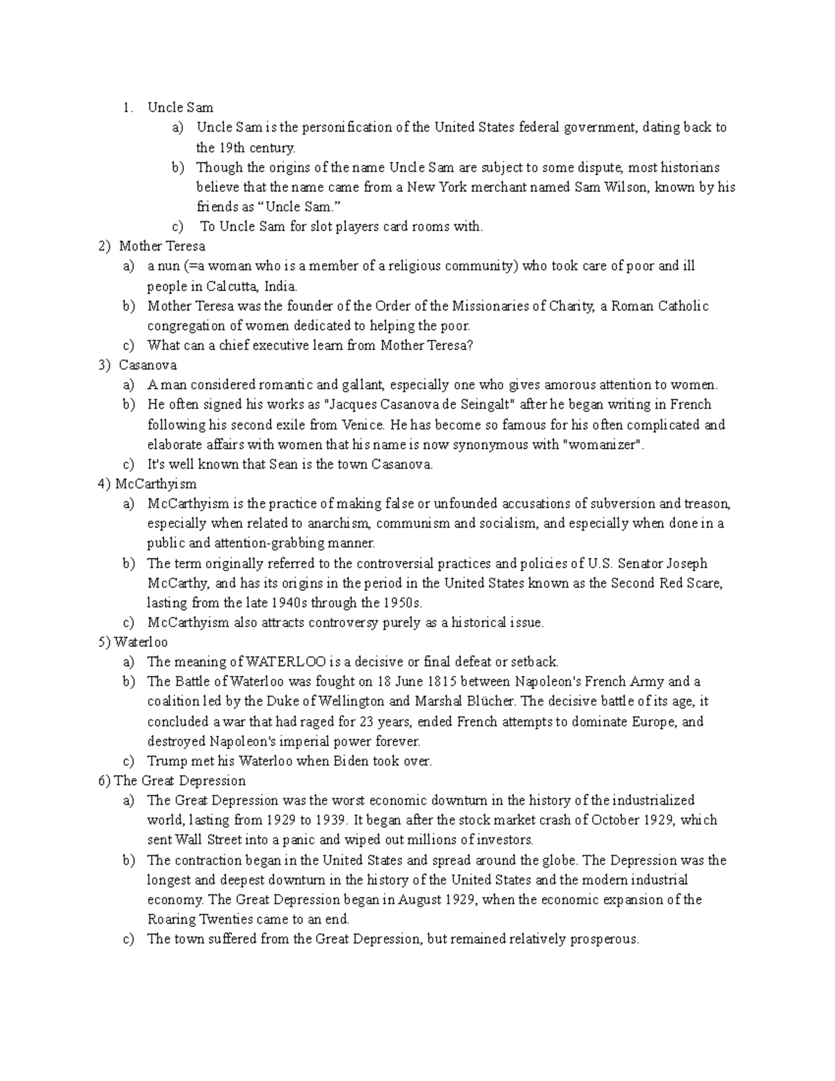 English Hw Definitions - Uncle Sam a) Uncle Sam is the personification ...