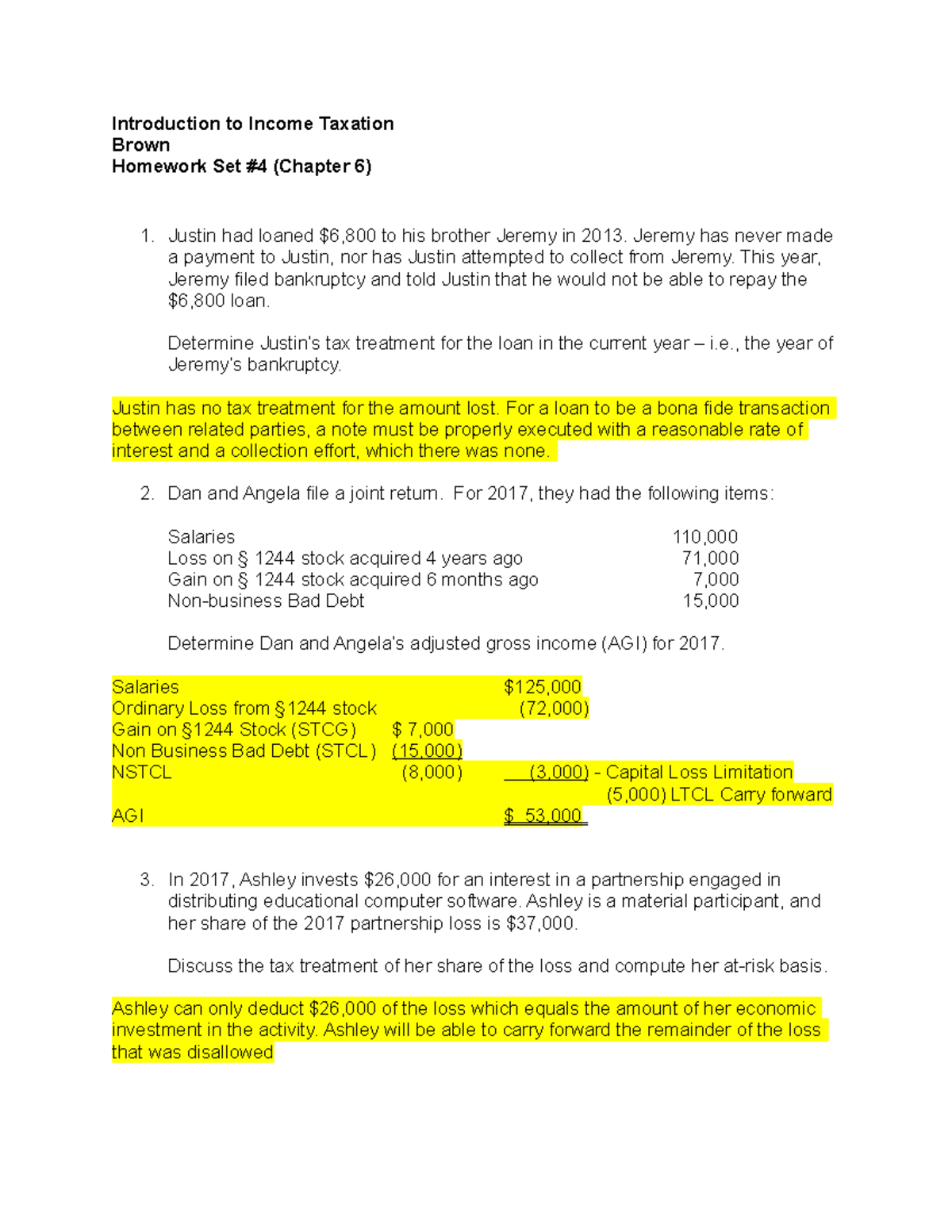 Homework Set # 4 - Introduction to Income Taxation Brown Homework Set ...