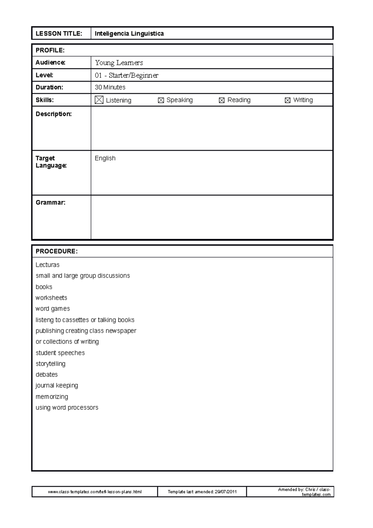 8 intelligences template - LESSON TITLE: Inteligencia Linguistica ...