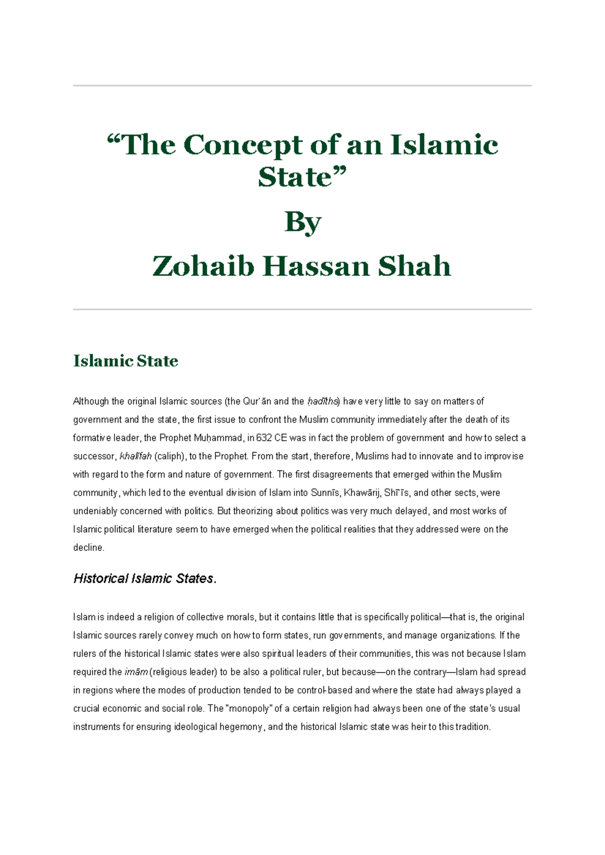 Islamic state concept - “The Concept of an Islamic State” By Zohaib ...