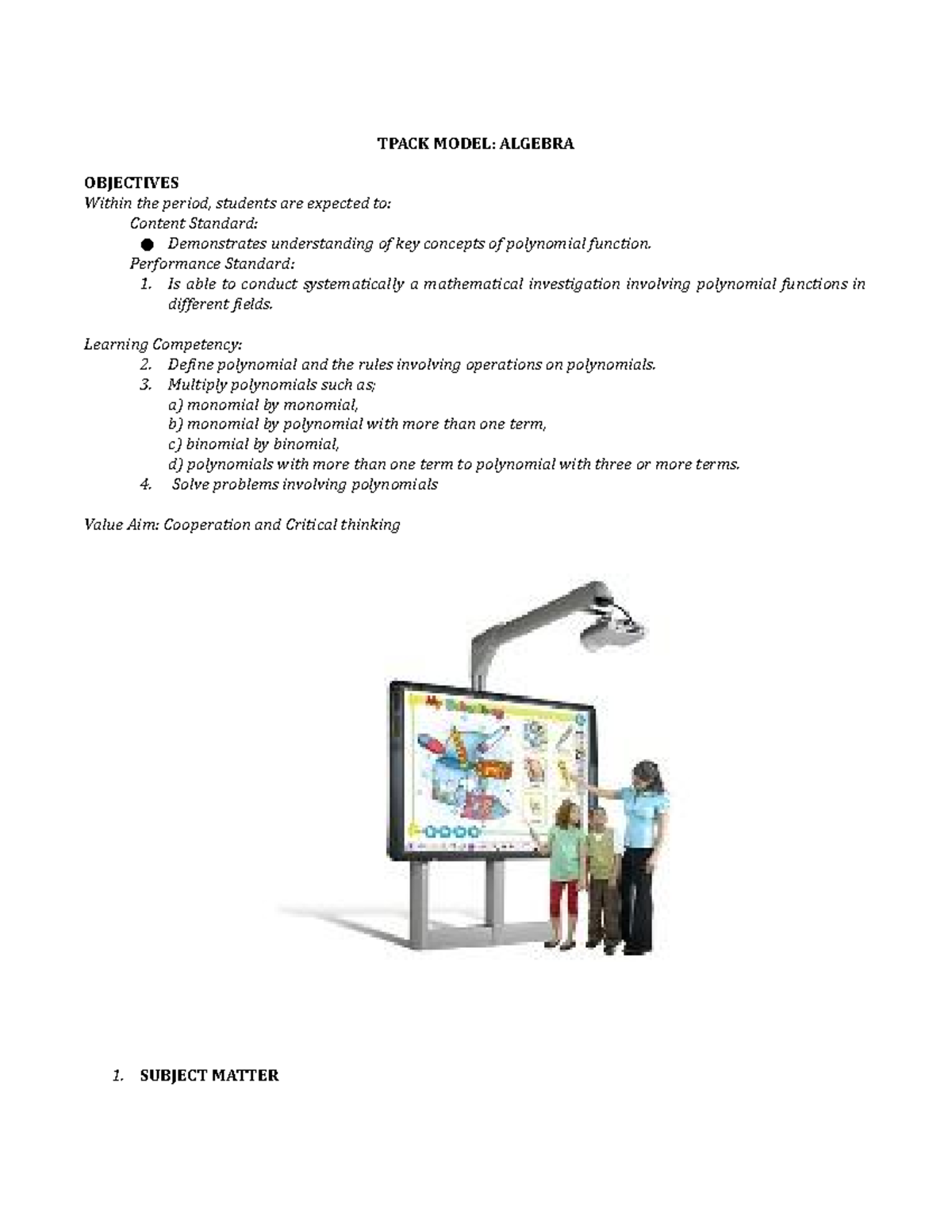 Algebra Lesson Plan polynomials addition - TPACK MODEL: ALGEBRA ...