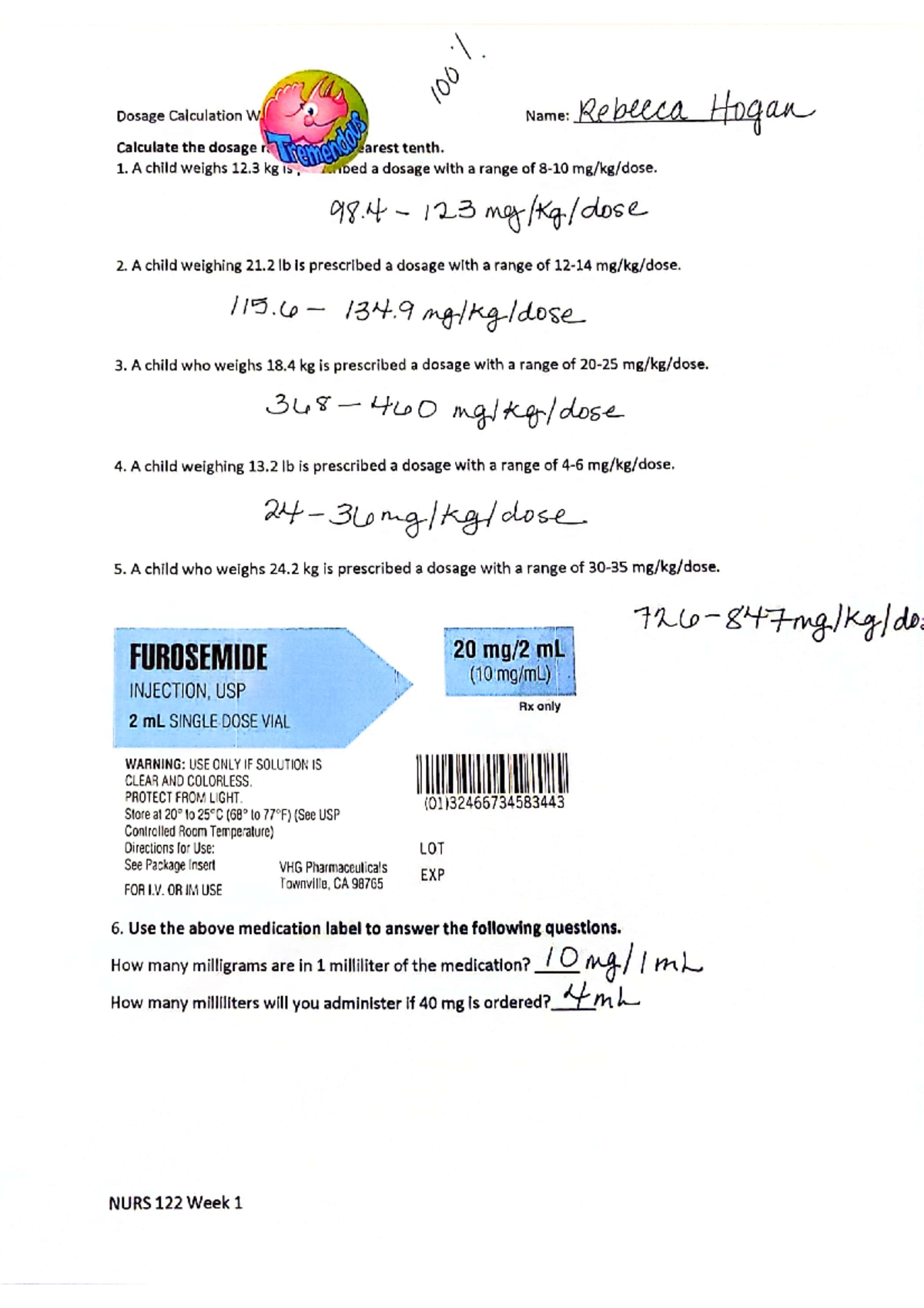 Dosagecalculation 4 - Dosage calculation quiz 4 for Lab - NURS 122 ...