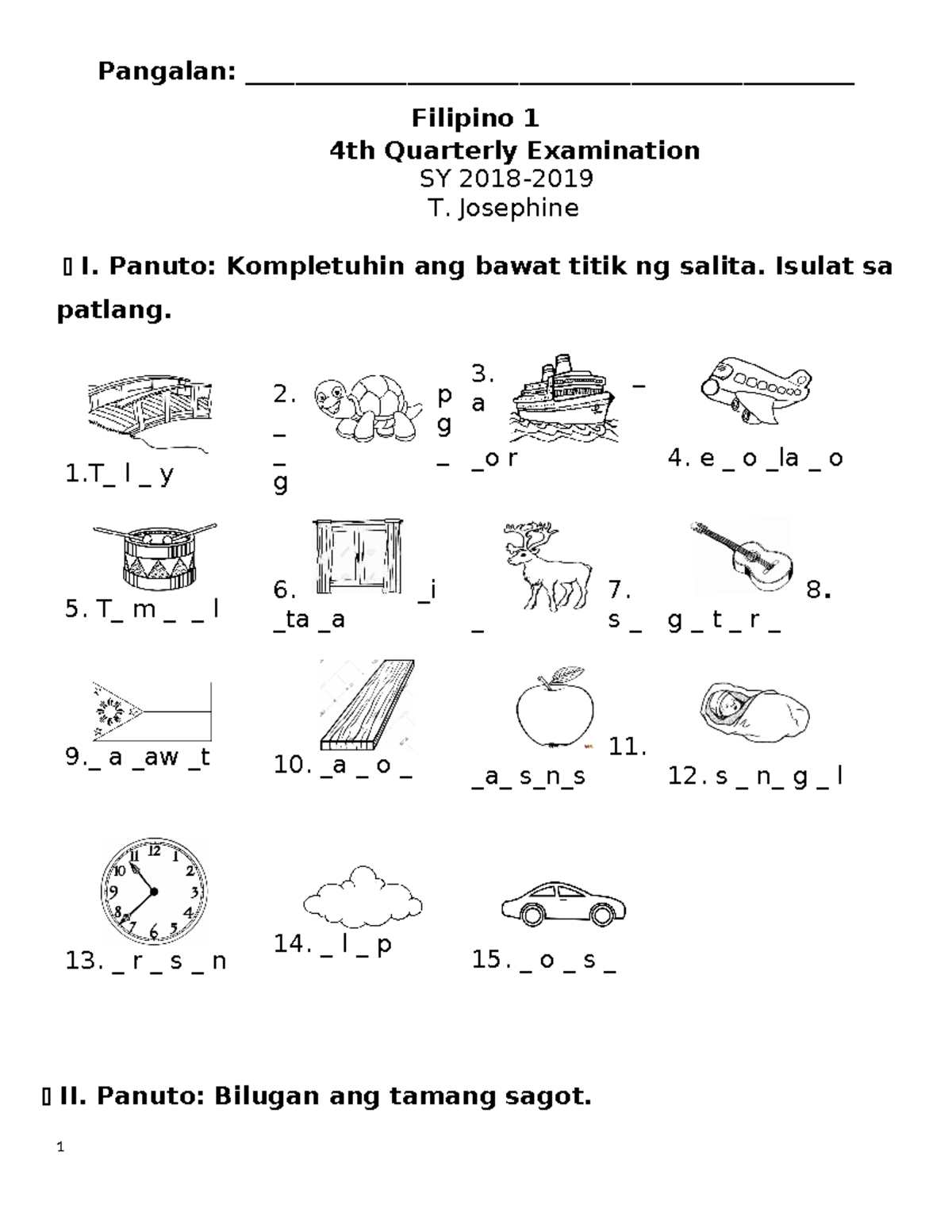 Filipino Grade 2 - Pangalan: _________________________________________________ Filipino 1 4th ...
