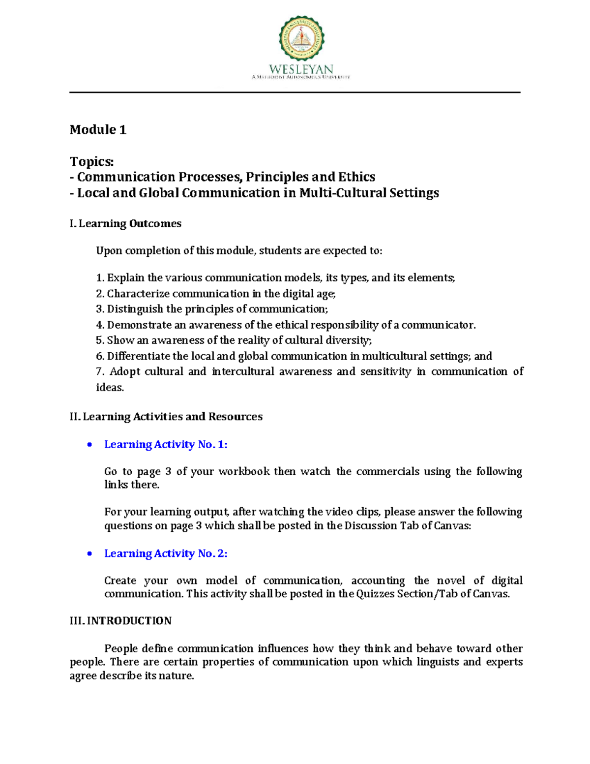 Module 1 GEC2 - ans - Module 1 Topics: - Communication Processes ...