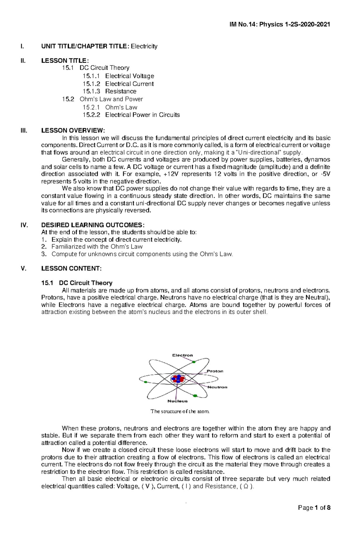Learning Module in Physics for Engineers_Electricity - . I. UNIT TITLE ...