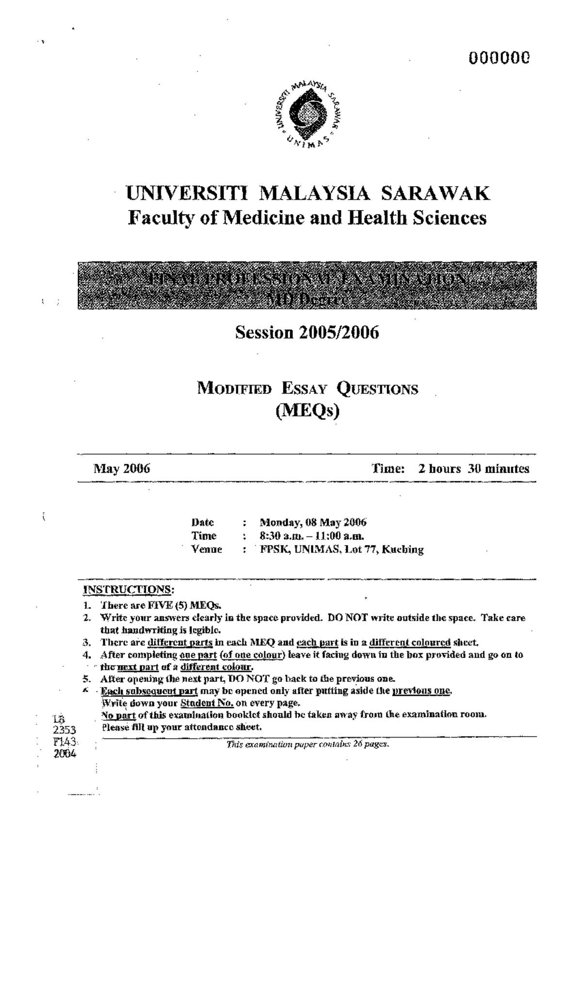 Final professional examination MD Degree year 5 2005 2006 - 000000 ...