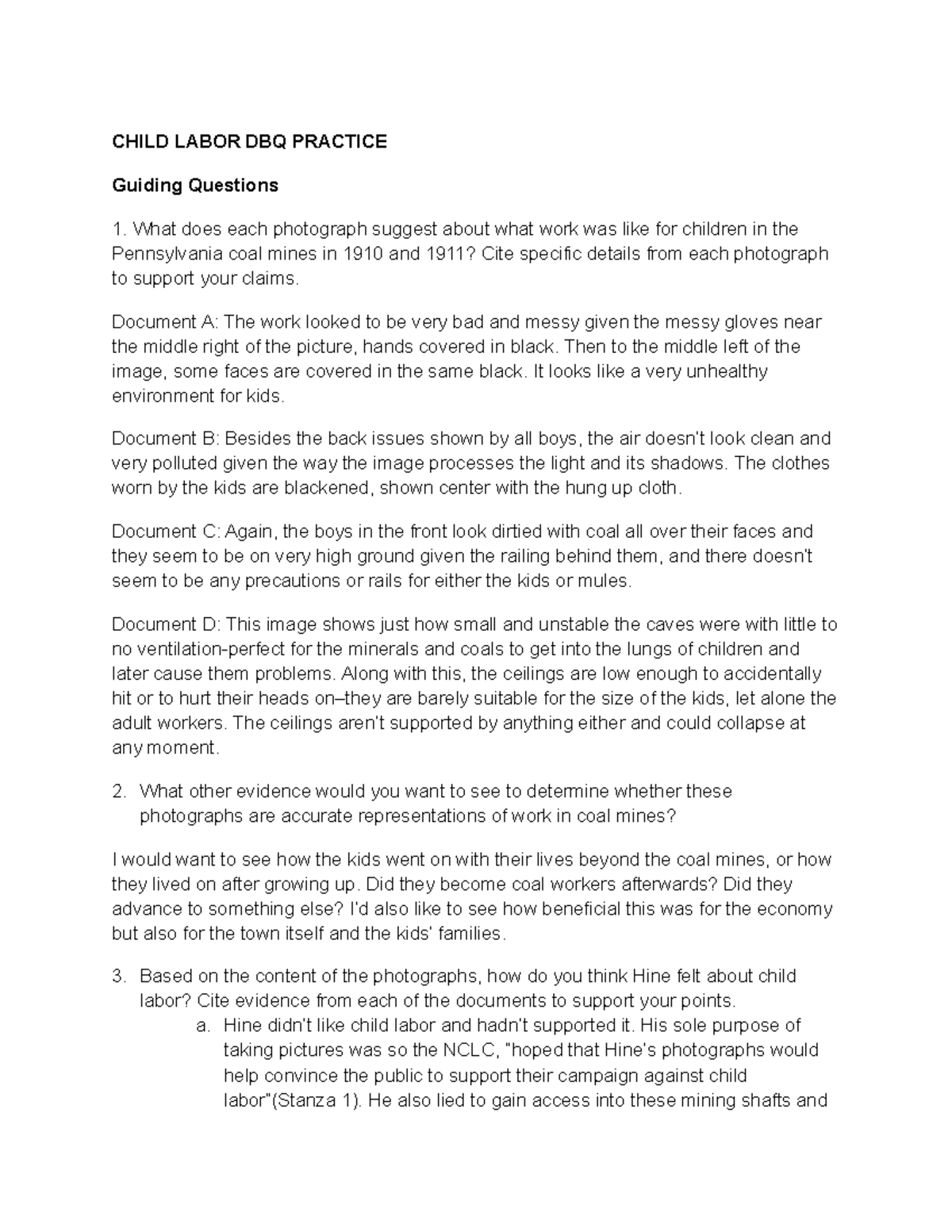 child labor dbq practice - CHILD LABOR DBQ PRACTICE Guiding Questions ...