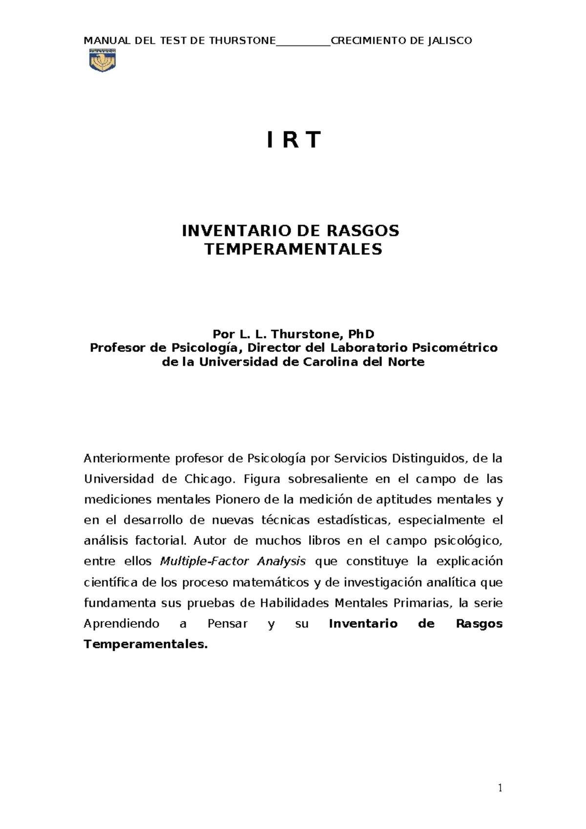 Pdfcoffee - INVENTARIO DE INTERESES THURSTONE - I R T INVENTARIO DE RASGOS TEMPERAMENTALES Por L ...