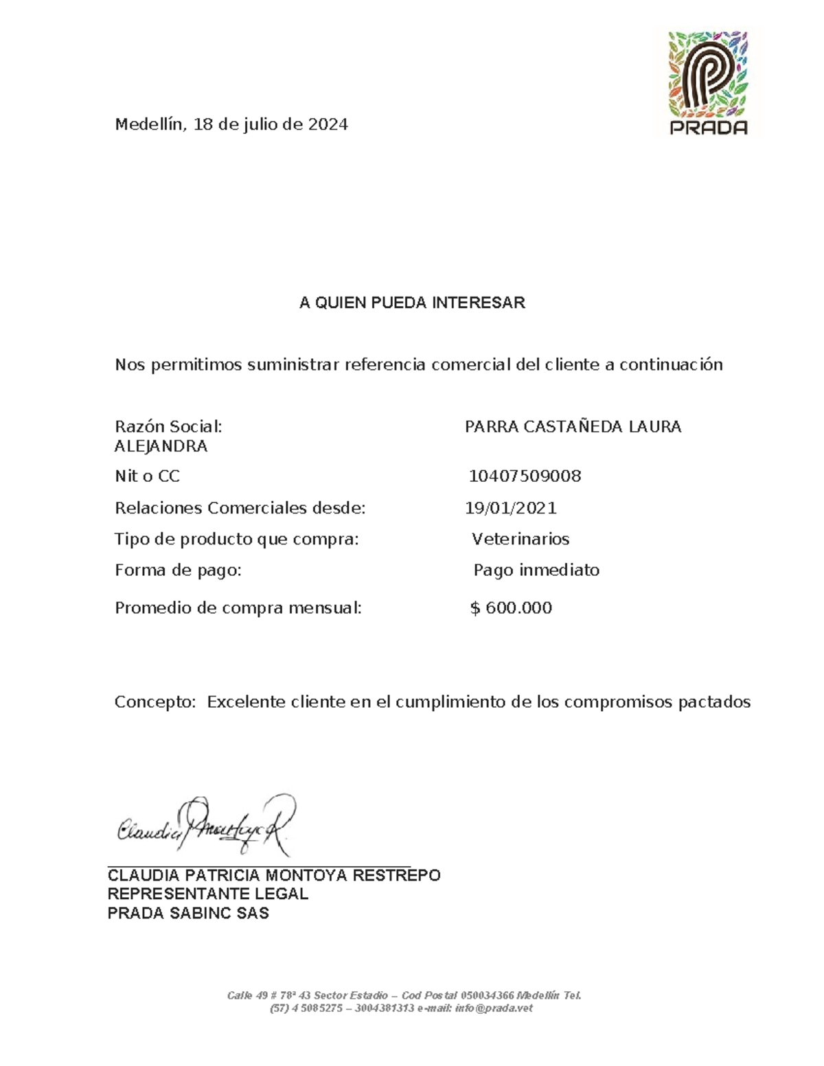 Formato Referencia Comercial - Medellín, 18 de julio de 2024 A QUIEN ...