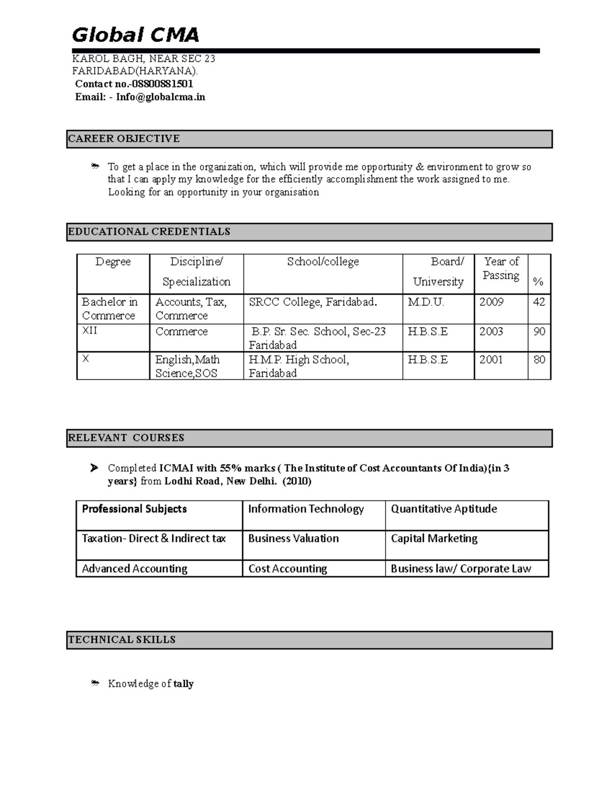 Fresher-CV-2 - It is good to show - Global CMA KAROL BAGH, NEAR SEC 23 ...