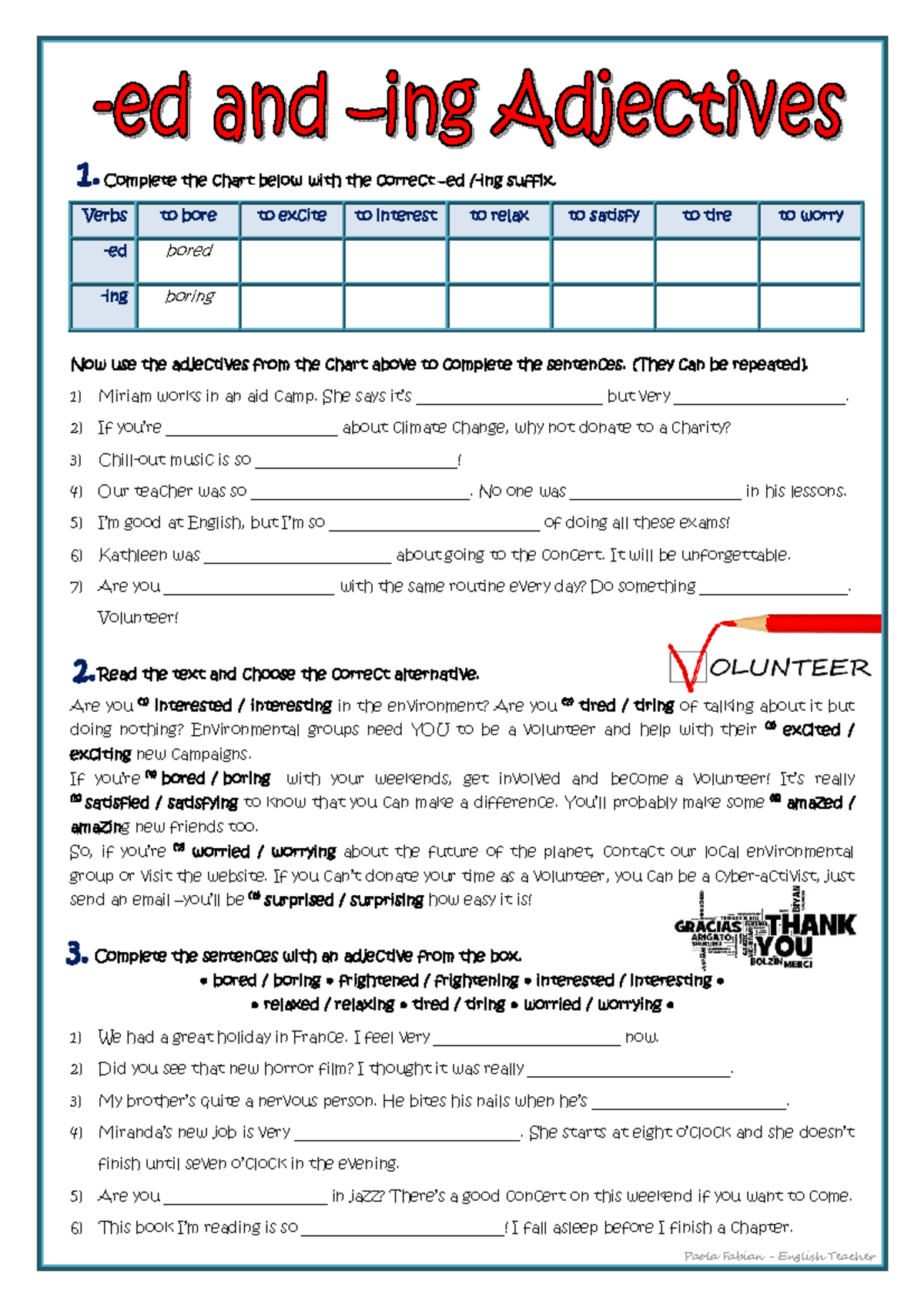 -ED AND -ING Adjectives SS - Complete the chart below with the correct ...