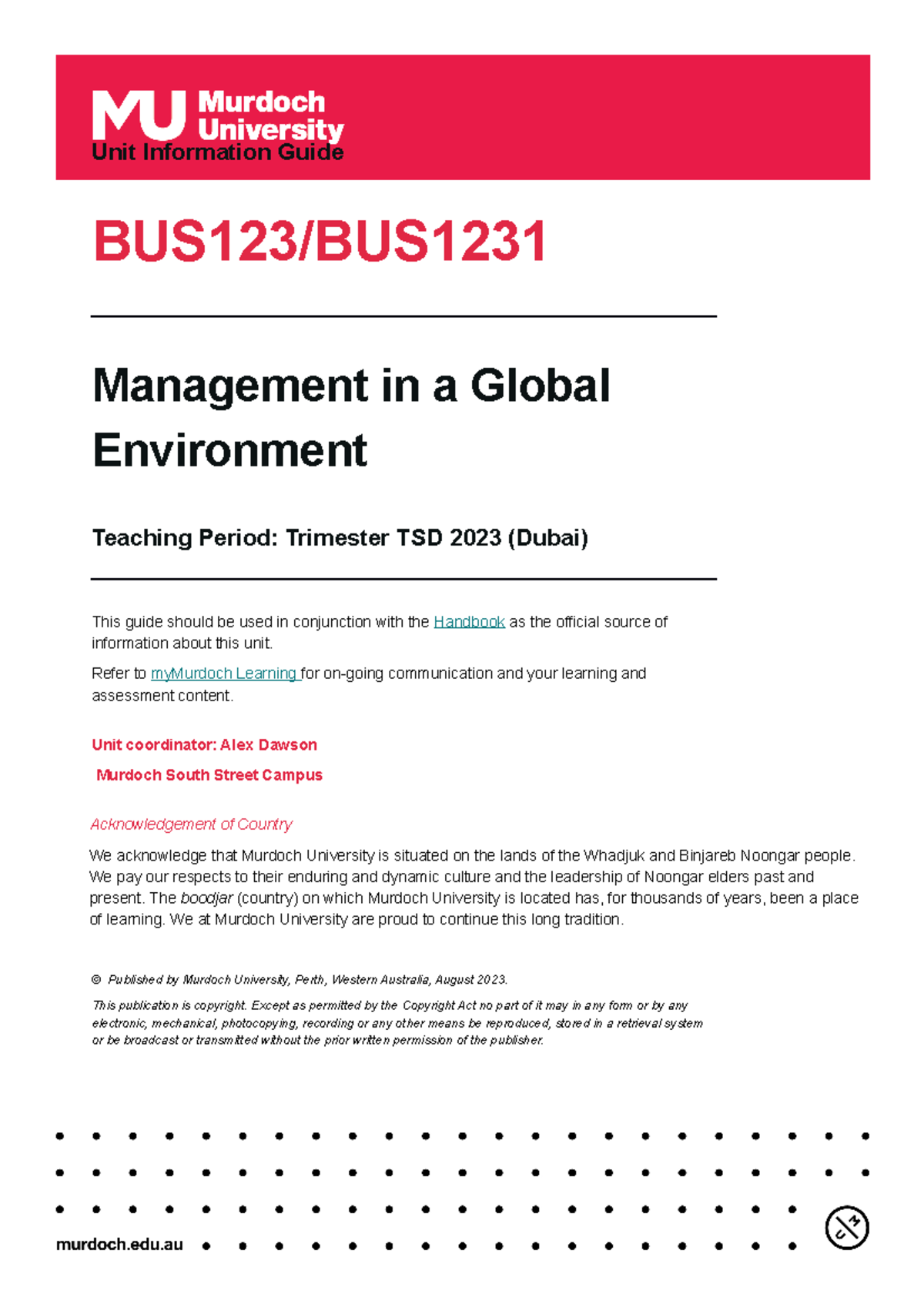 BUS123 TSD 2023 UILG - Unit Information Guide BUS123/BUS Management in ...