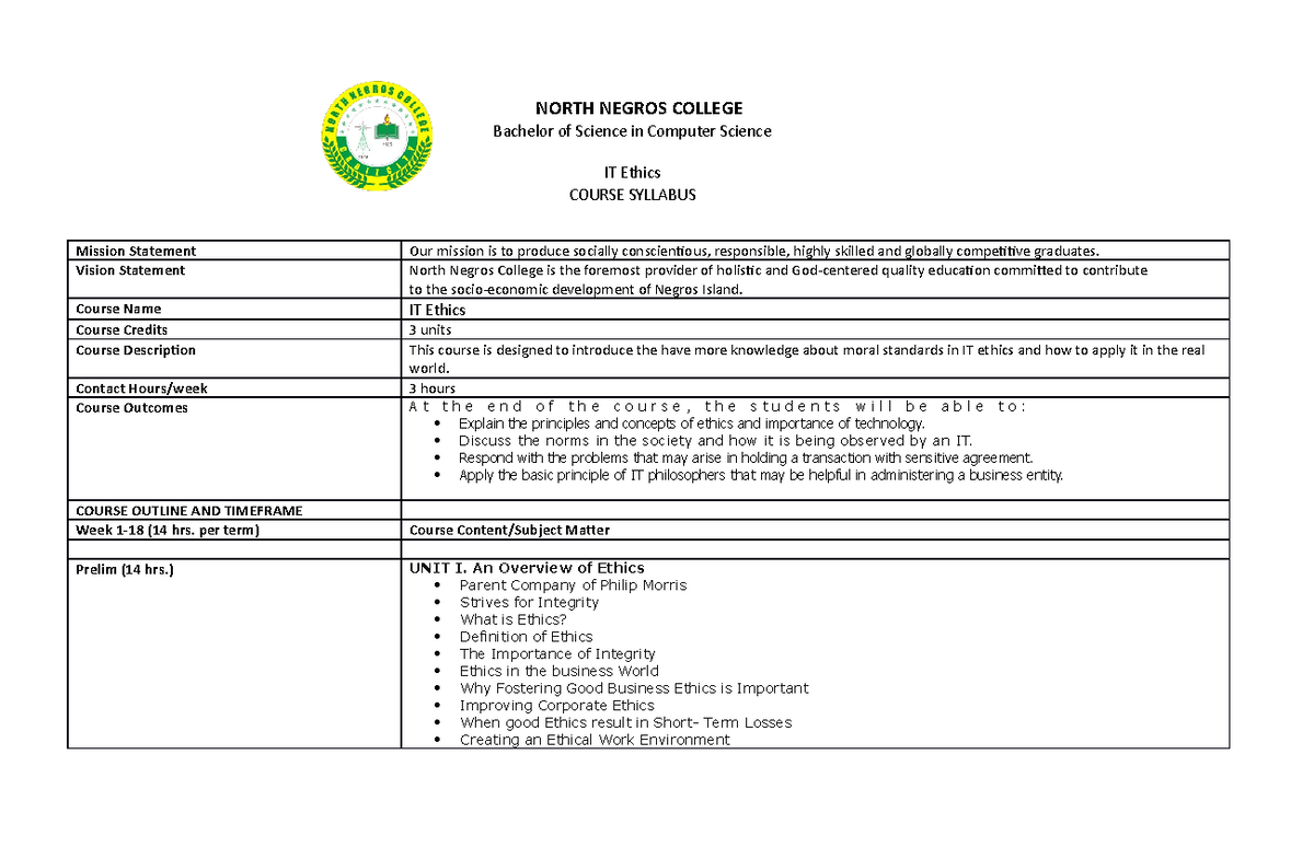 IT Ethics OBE Course Syllabus - NORTH NEGROS COLLEGE Bachelor of ...