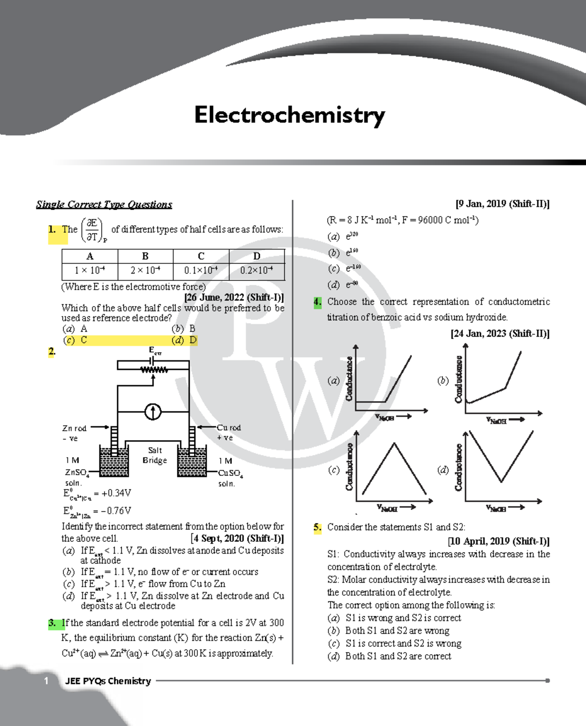 Electrochemistry PYQ Practice Sheet - Single Correct Type Questions The ...