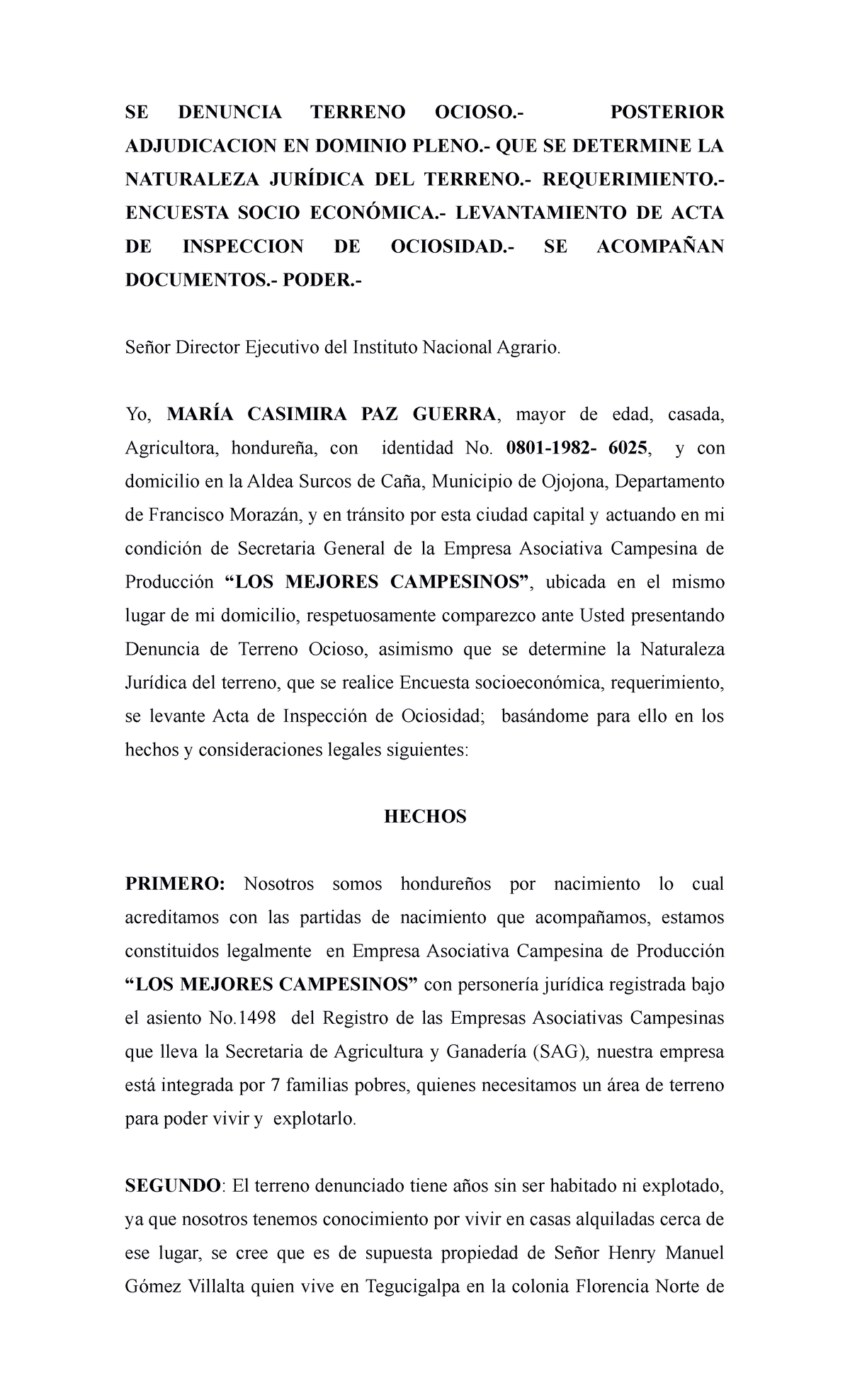 Escrito de denuncia terreno ocioso - SE DENUNCIA TERRENO OCIOSO ...