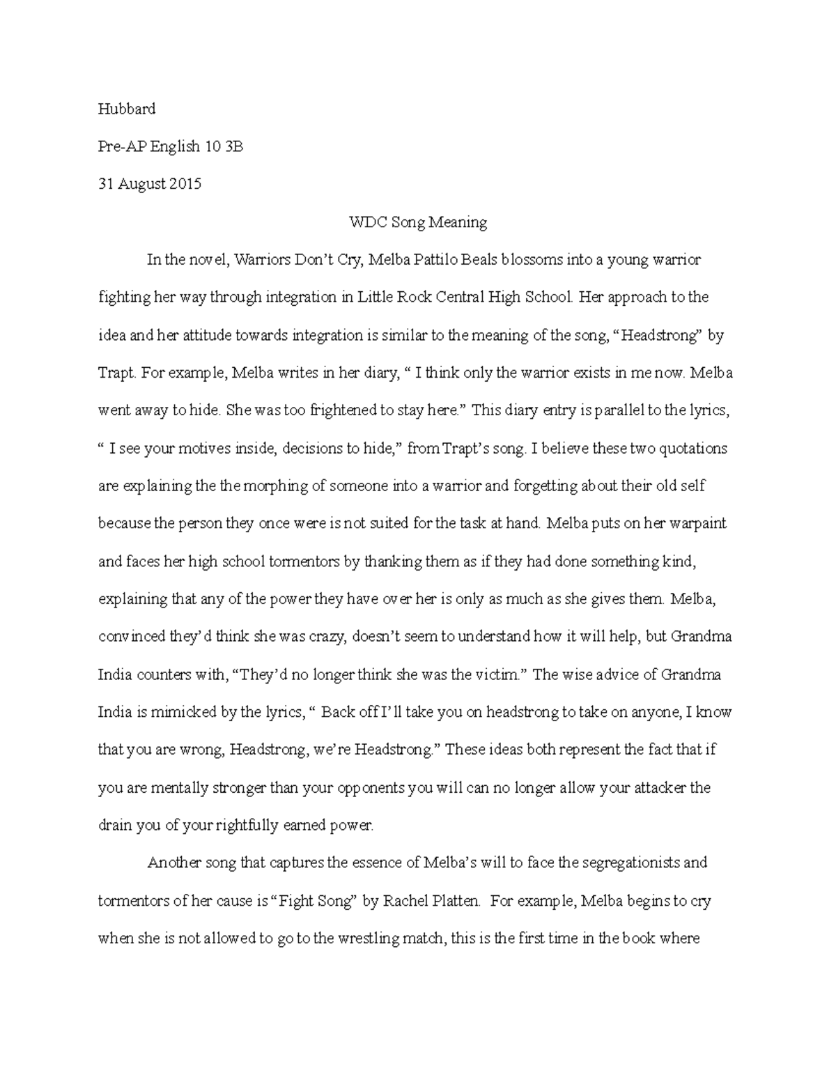 WDC Song Meaning - Grade: A+ - Hubbard Pre-AP English 10 3B 31 August ...