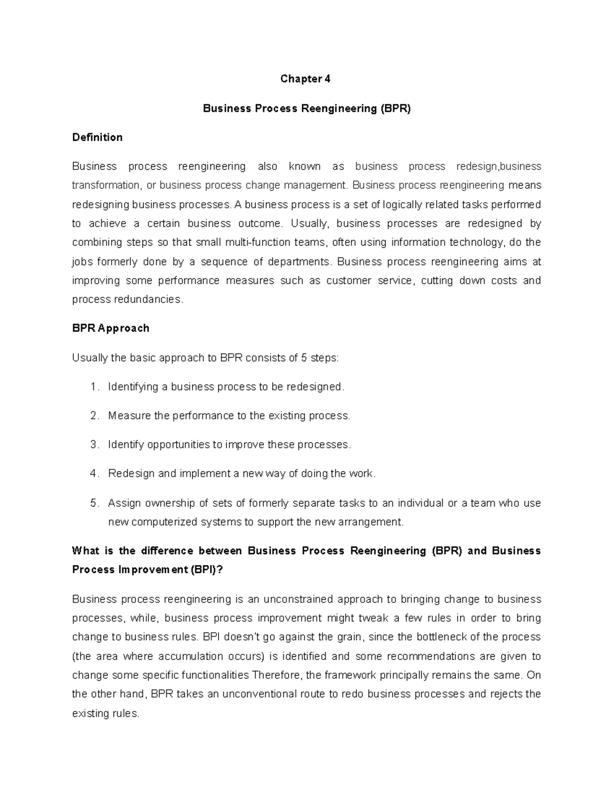 Chapter 4 - Chapter 4 Business Process Reengineering (BPR) Definition ...
